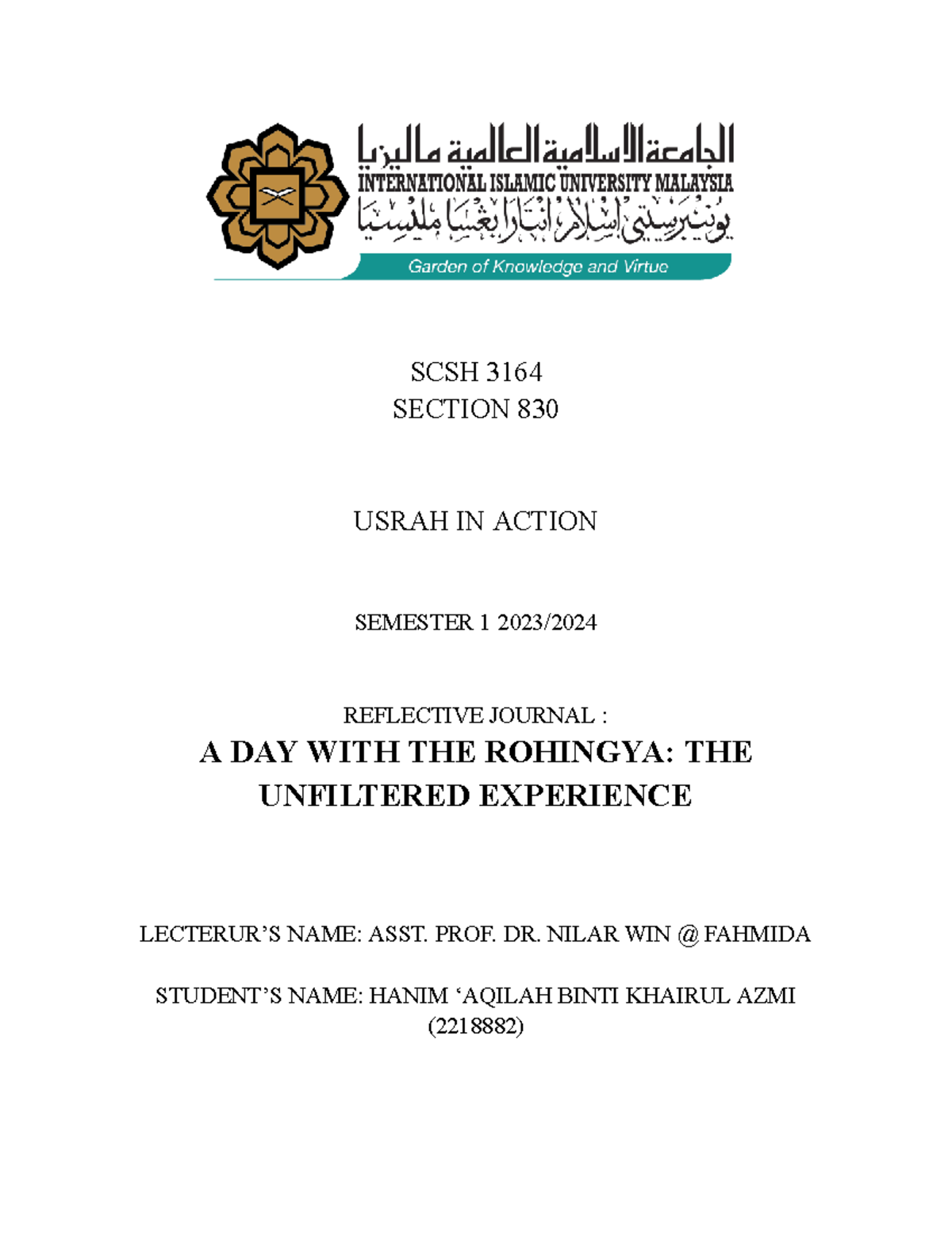 Reflective Journal on Usrah in Action: A Day with the Rohingya (SCSH ...