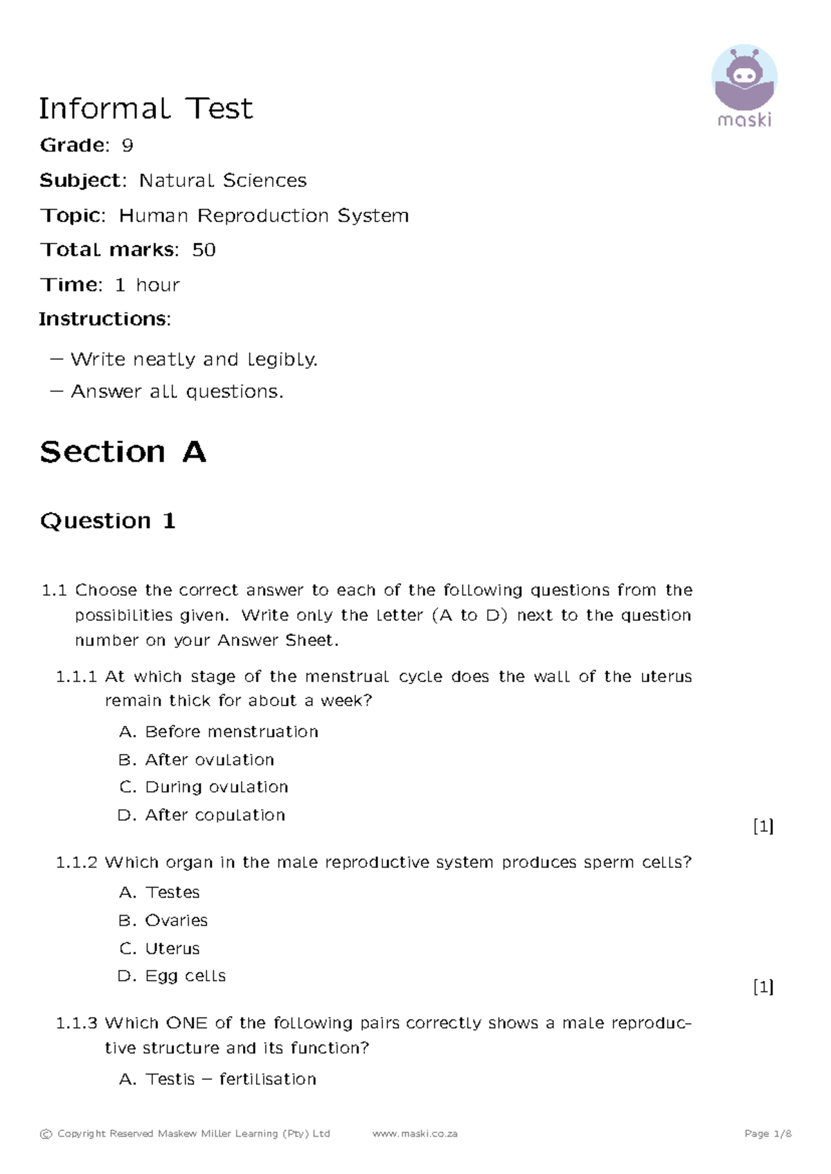 Natural Sciences Informal Test 50 - Human Reproduction System 20250301 ...