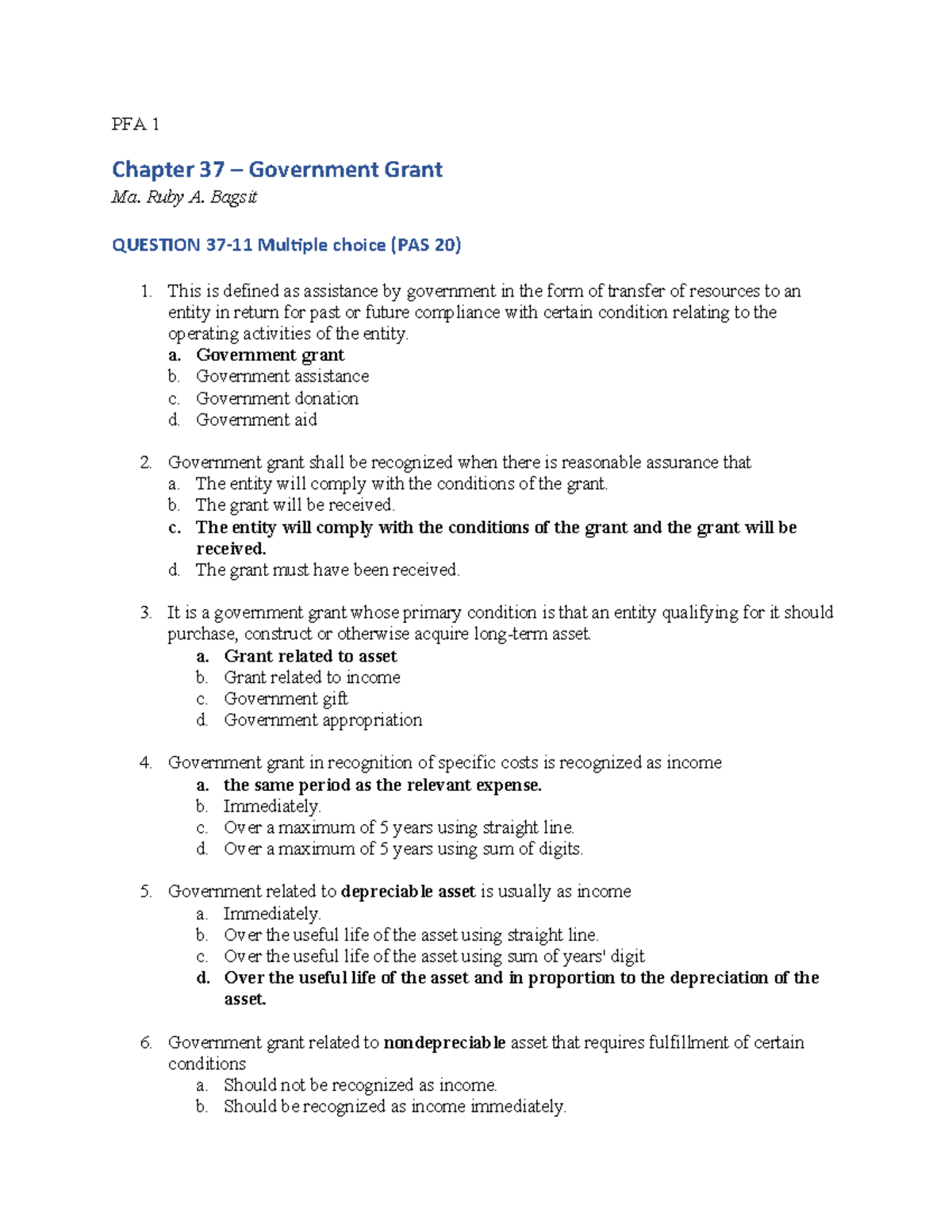 PFA 1 - Chapter 37 Government Grant Test Bank Questions - Studocu