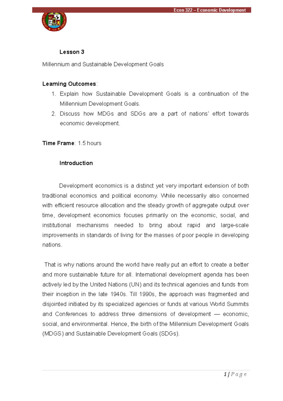 Lesson 3 - Millennium and Sustainable Development Goals - Lesson 3 ...