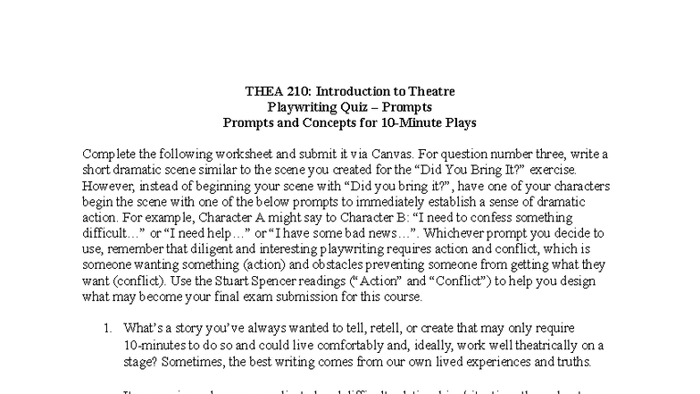 THEA 210: Playwriting Quiz - Dramatic Scene Prompts - Studocu