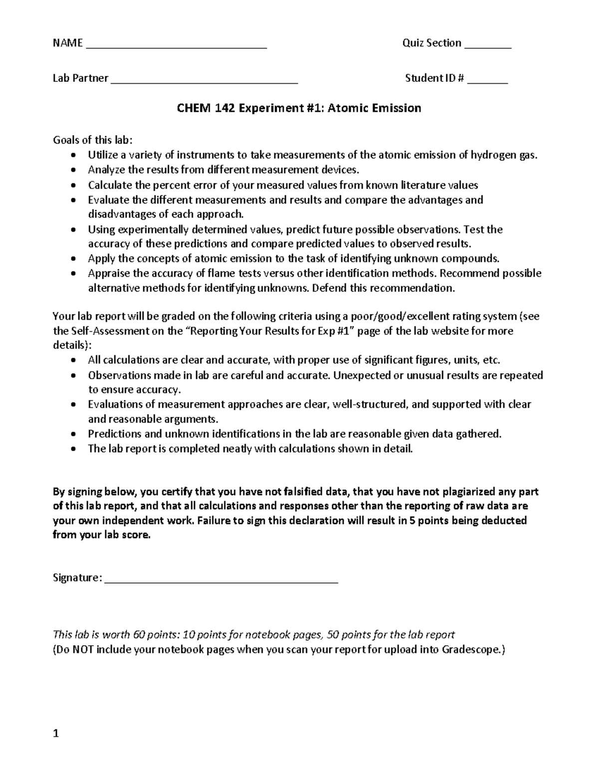 CHEM 142 Lab 1: Atomic Emission & Spectroscopy Report Guide - Studocu
