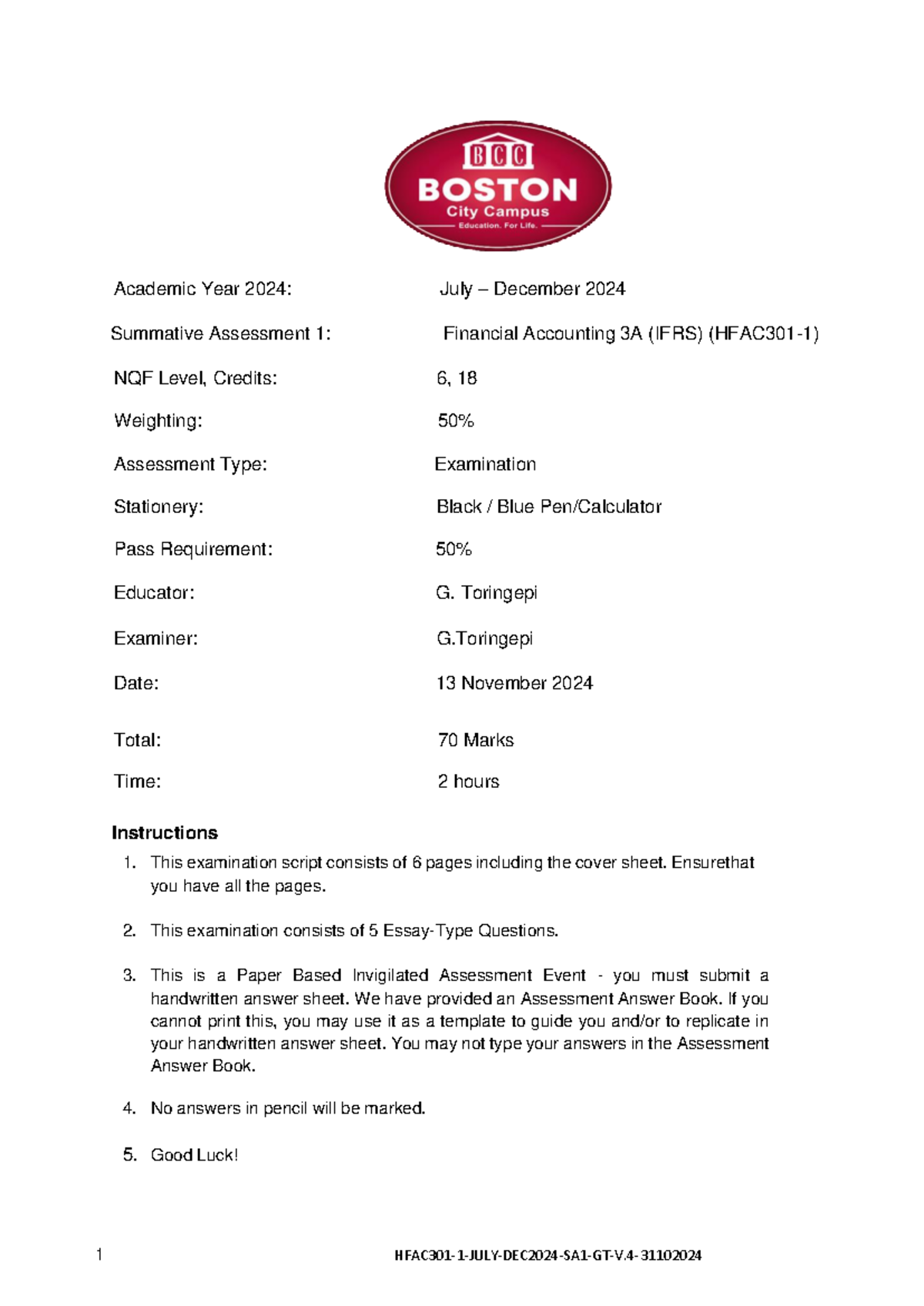 HFAC301 SA1 Exam: Financial Accounting 3A (IFRS) - Jul-Dec 2024 - Studocu
