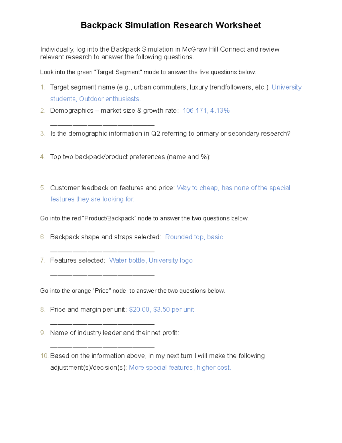 Marketing Research - Backpack Simulation - Worksheet (MKT 305) - Studocu