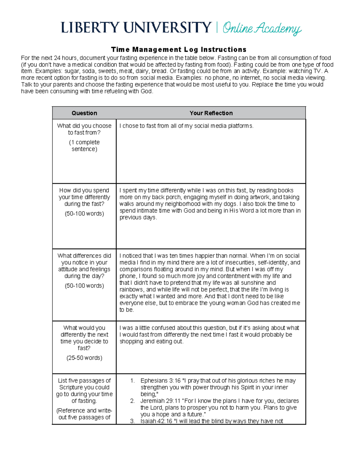 Fasting Reflection Instructions - Time Management Log Instructions For ...