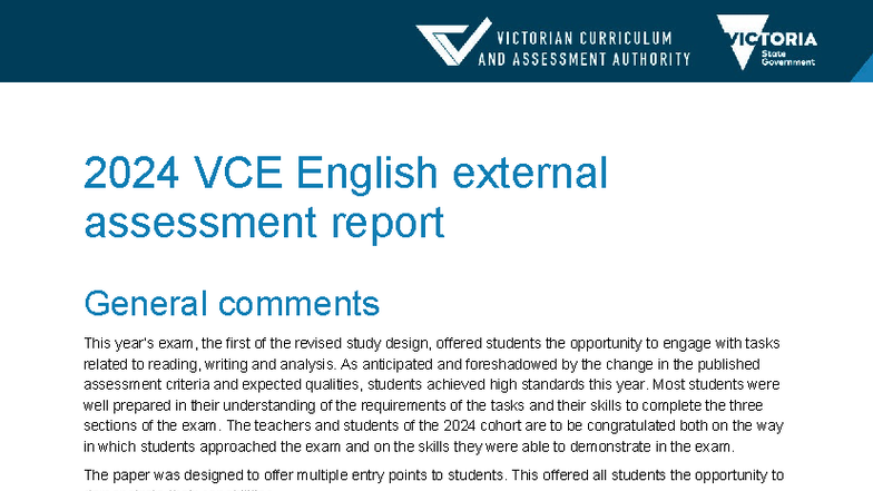 2024 VCE English External Assessment Report: General Comments and ...