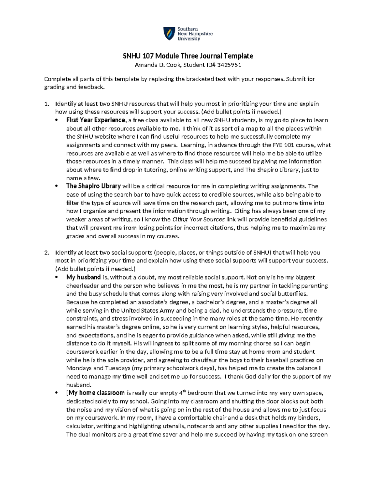 SNHU 107 Module 3 Journal: Time Management & Support Strategies - Studocu