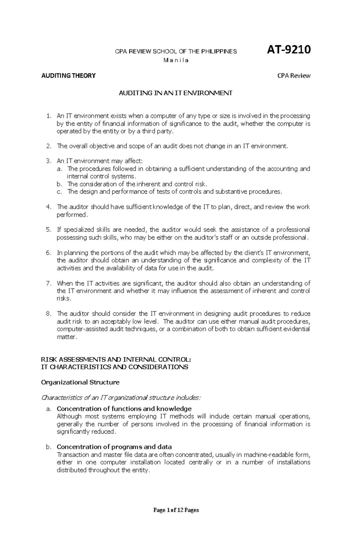 CPA Review: Auditing Theory in an IT Environment (AT-9210) - Studocu