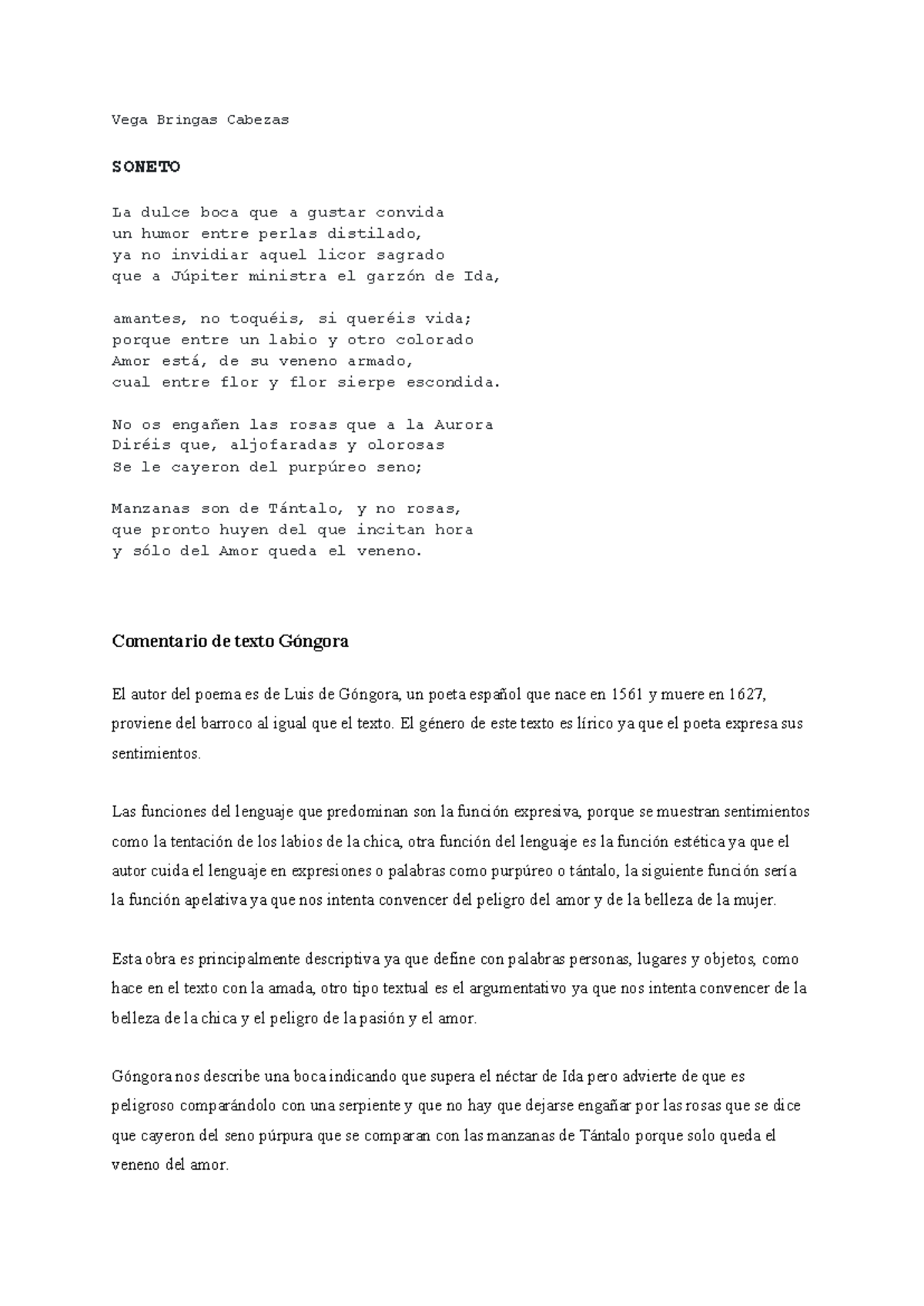 Comentario de Texto sobre el Soneto de Góngora - Análisis Lírico - Studocu