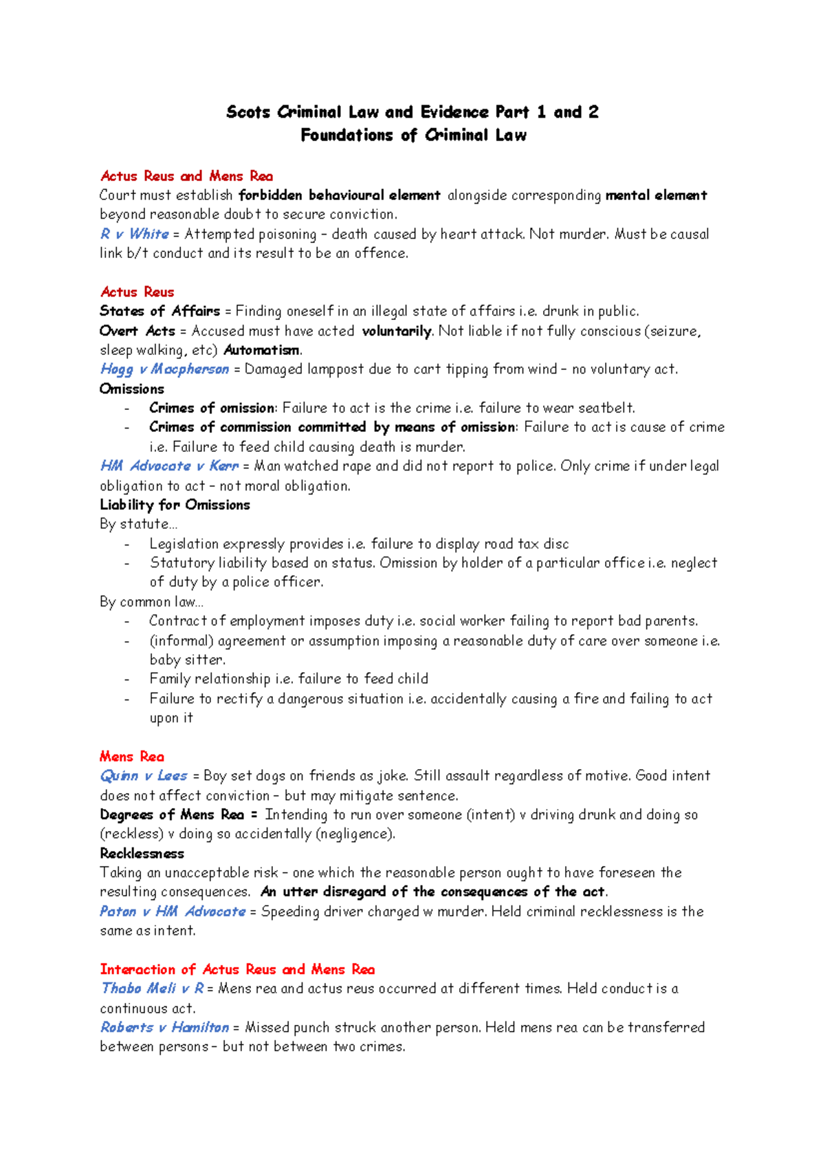 Scots Criminal Law and Evidence Exam Notes (Parts 1, 4, 6, 7) - Studocu