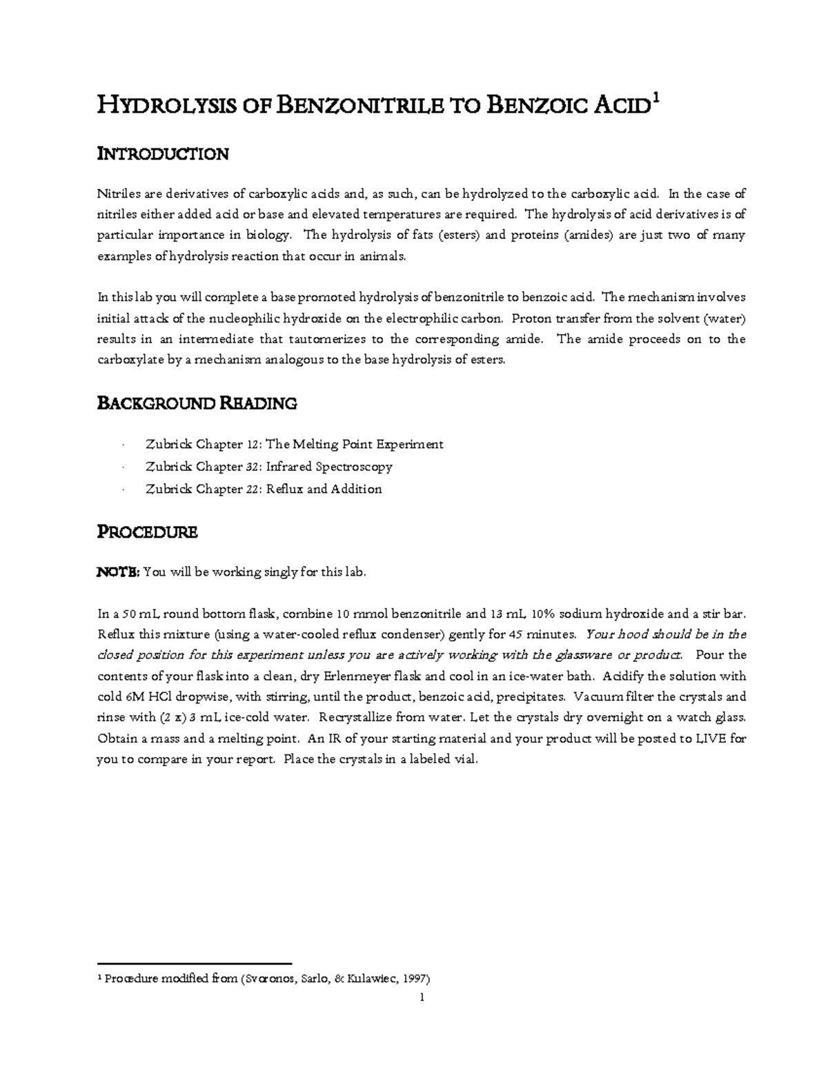 Benzonitrile Hydrolysis to Benzoic Acid: Lab Procedure (CHEM101) - Studocu
