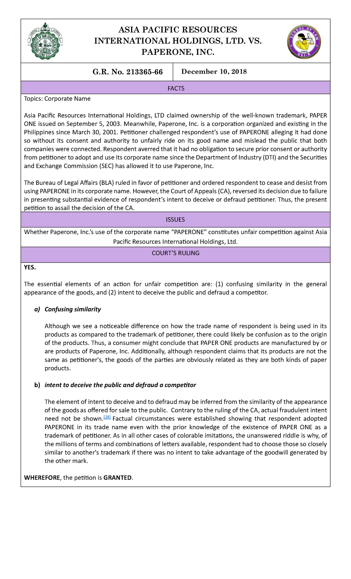 ASIA PACIFIC RESOURCES INT'L HOLDINGS VS. PAPERONE, INC. G.R. No. 2018 ...