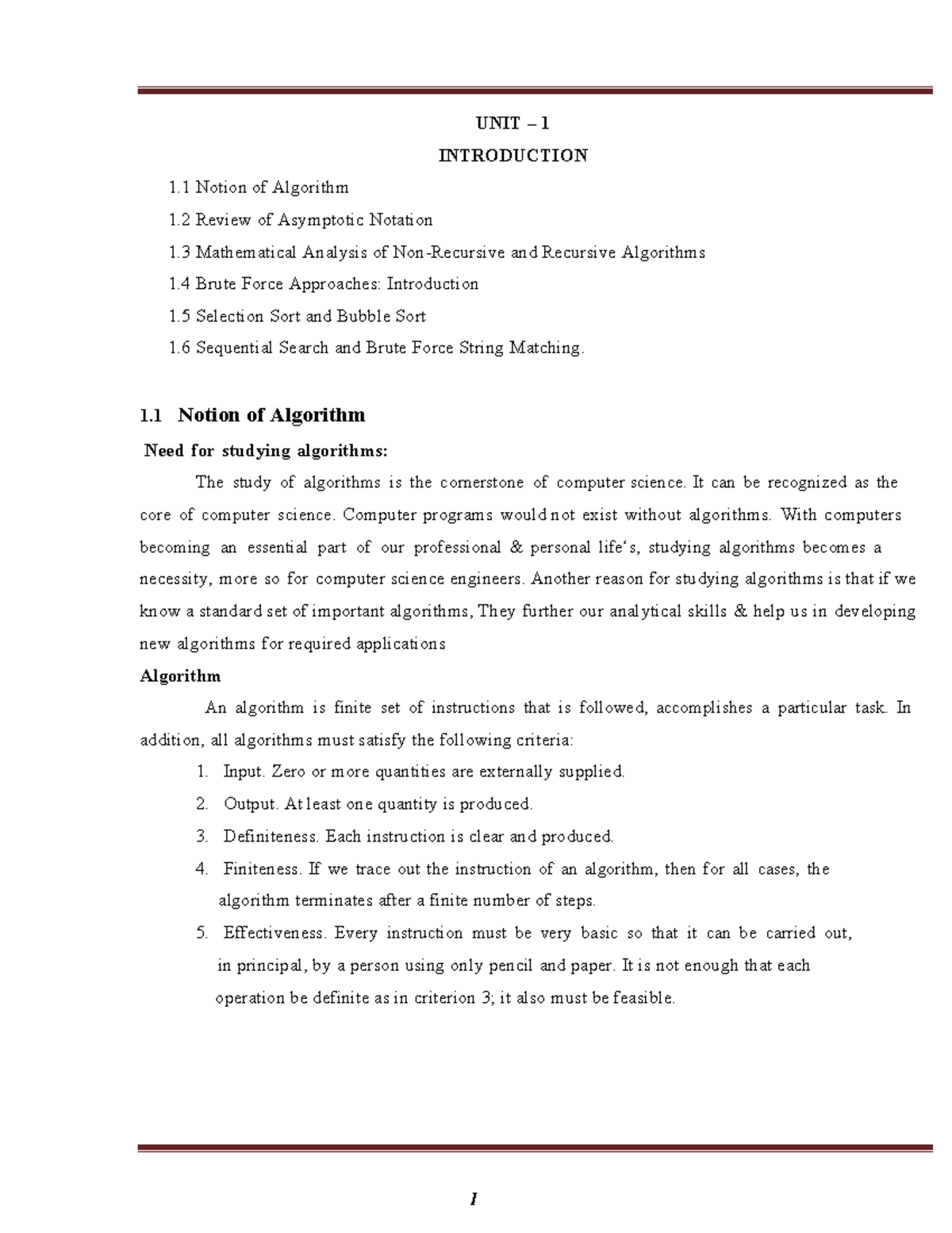 DAA 101: Unit 1 - Introduction to Algorithms and Analysis Techniques - Studocu