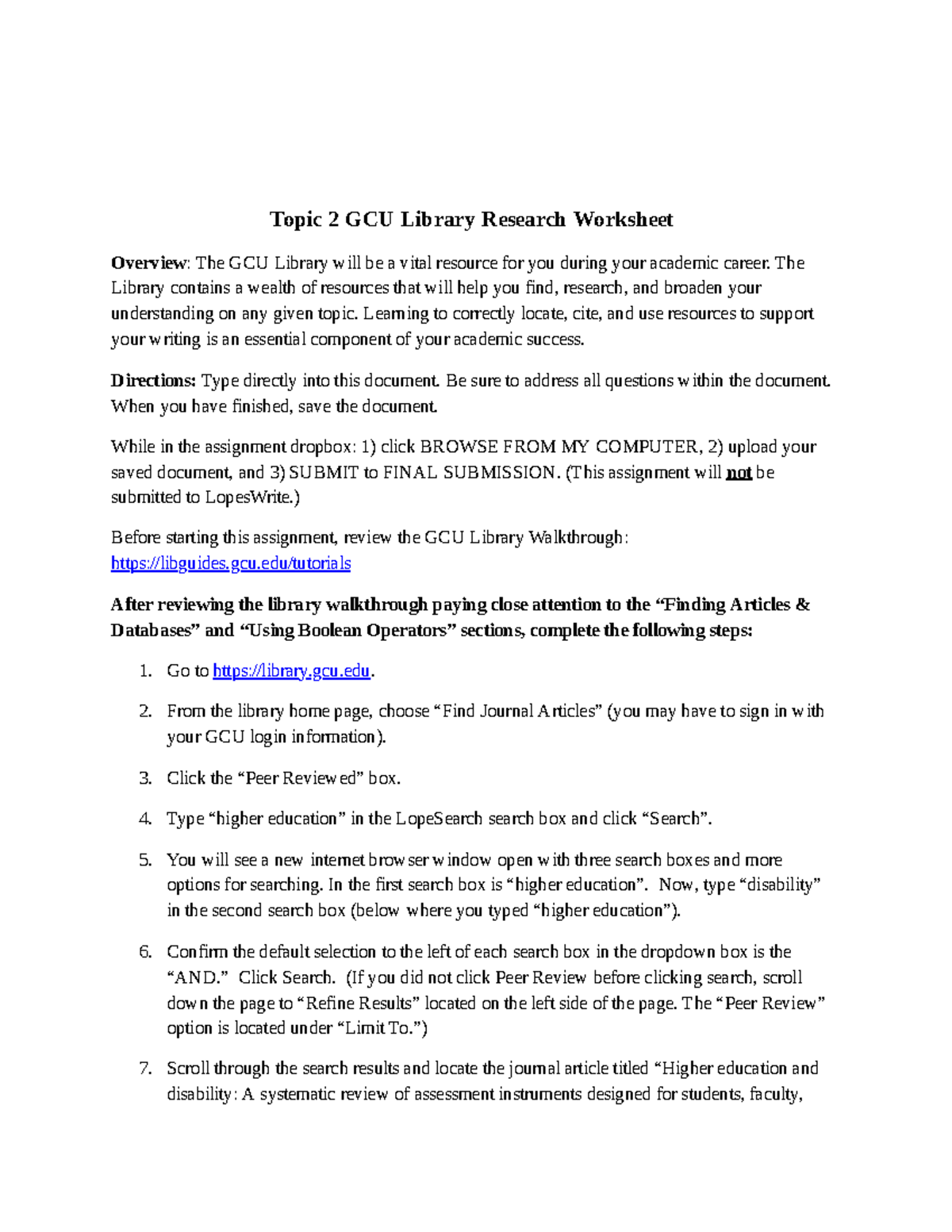 Library Research Assignment - Topic 2 GCU Library Research Worksheet ...