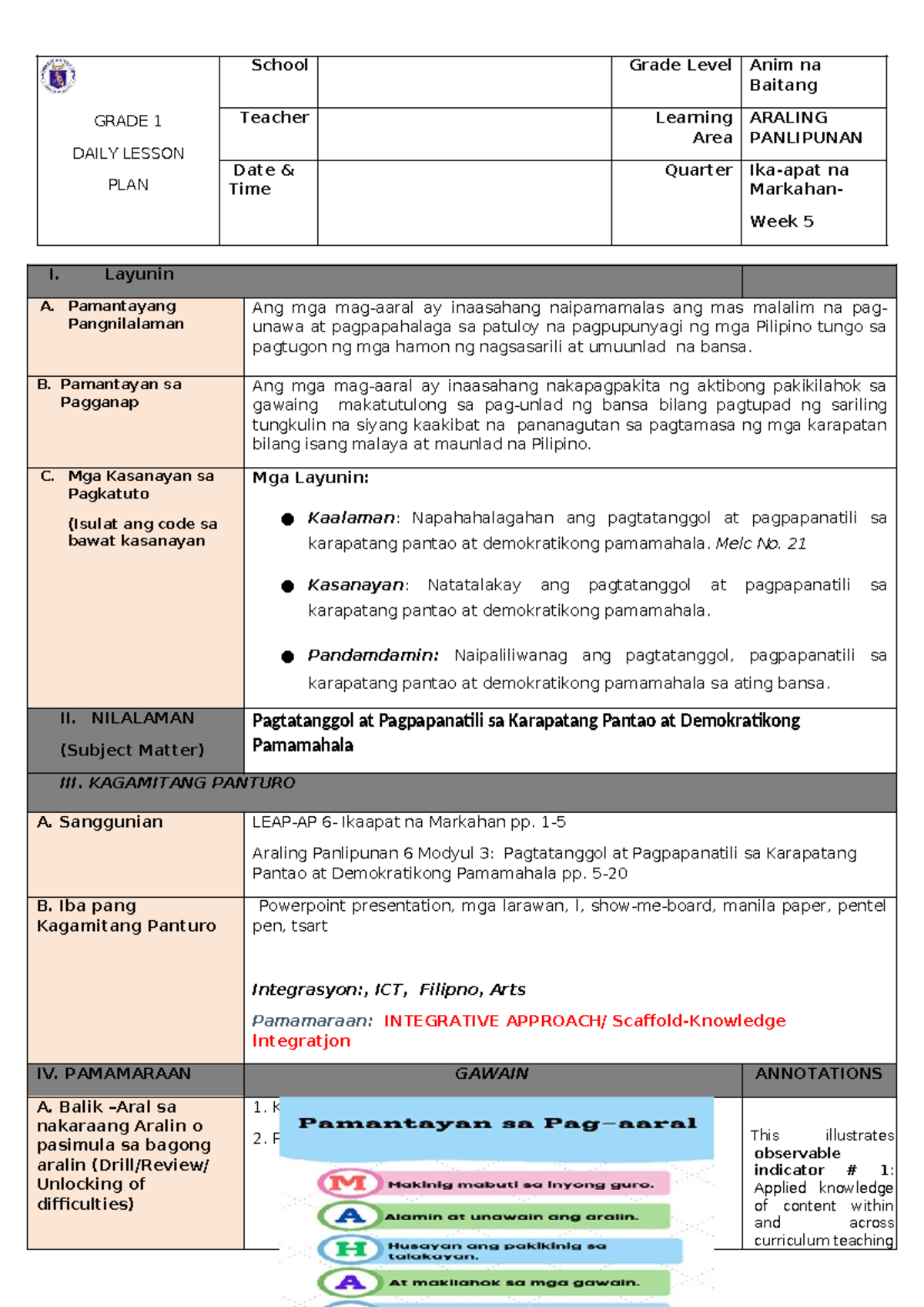 COT AP 6 Q4 W5 - Daily Lesson Plan on Human Rights and Democracy - Studocu
