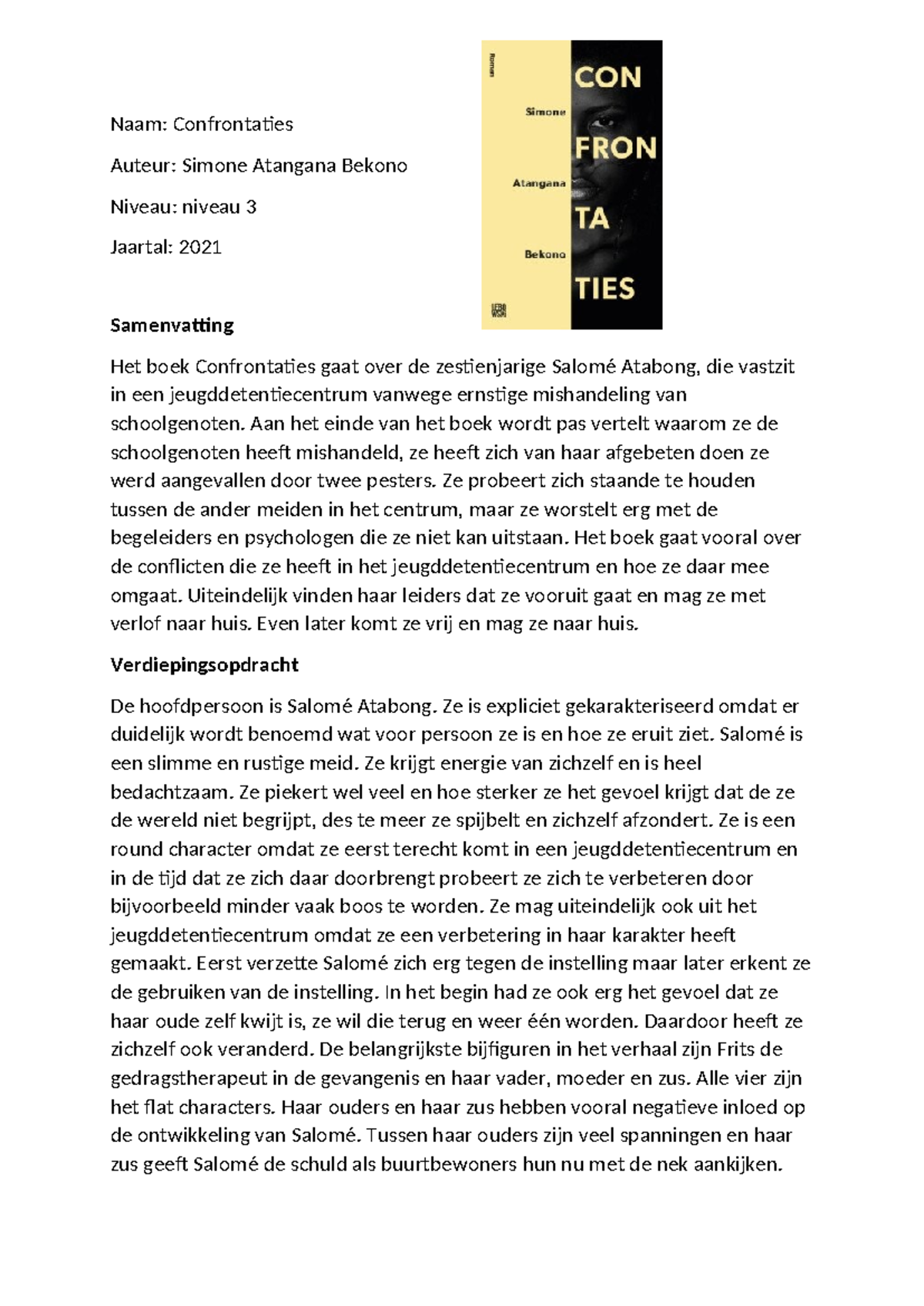 Boekverslag Confrontaties - Simone Atangana Bekono (Niveau 3, 2021 ...