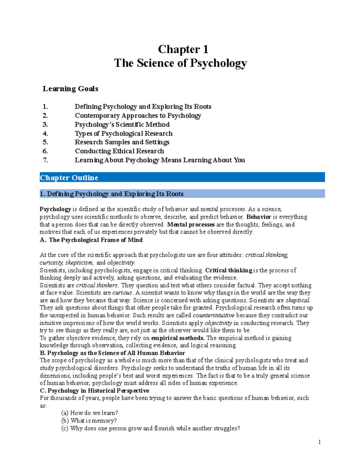 Psychology 101: Chapter 1 Handout - Exploring Psychology's Foundations ...