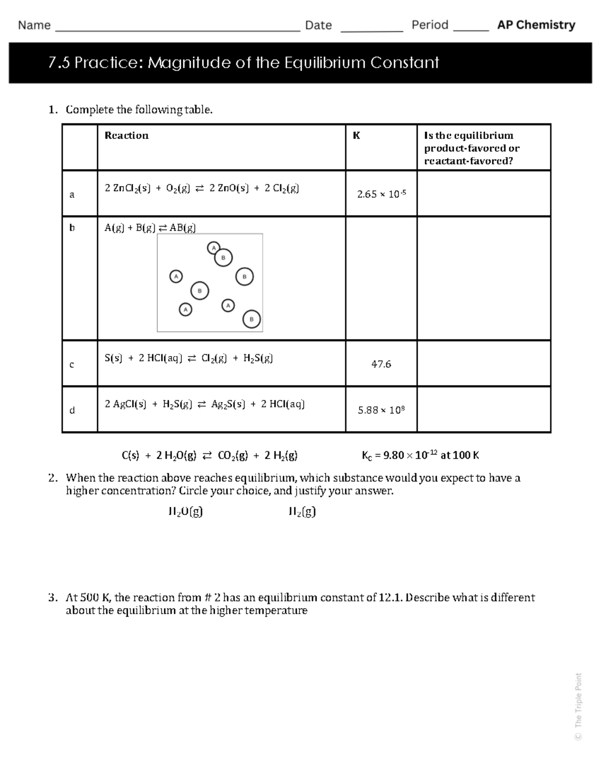 05 - AP Chemistry Practice: Magnitude of Equilibrium Constant Worksheet ...