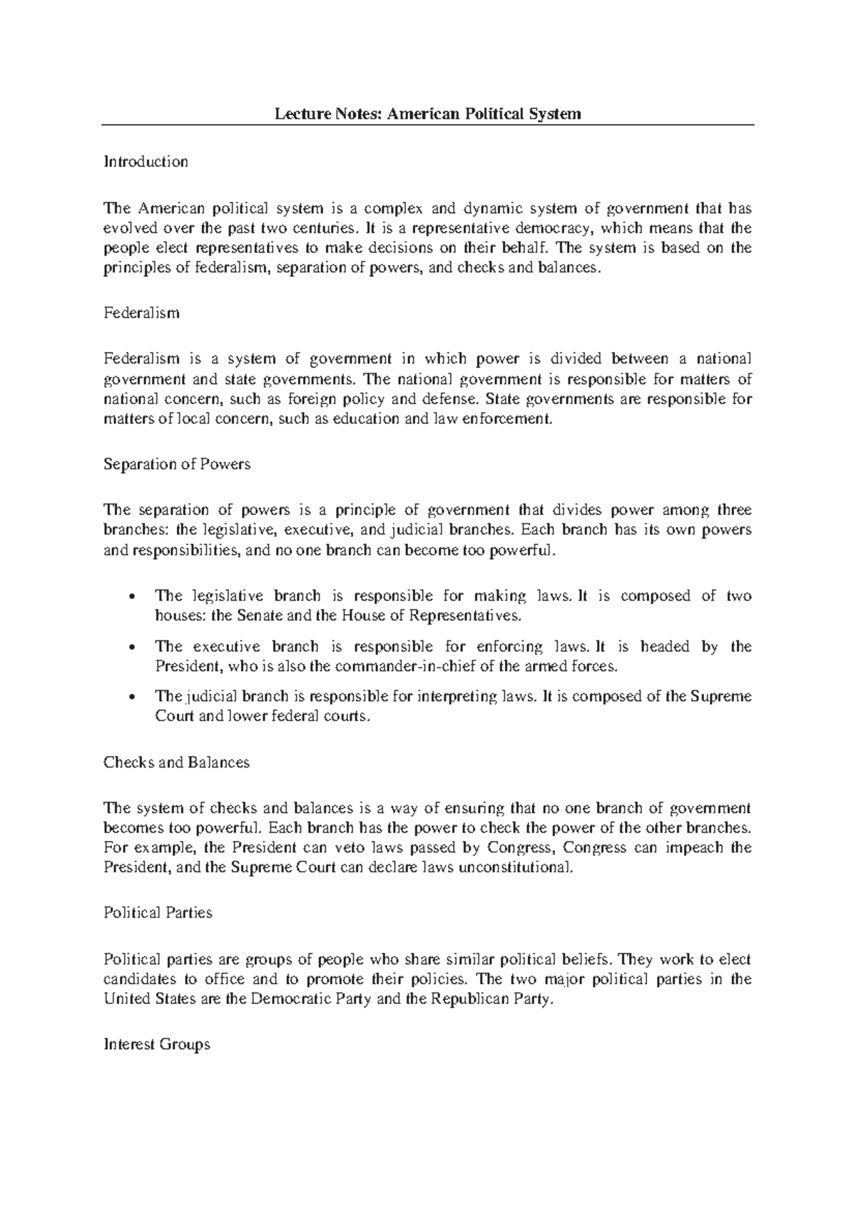 Lecture notes: Introduction to the American political system - Studocu