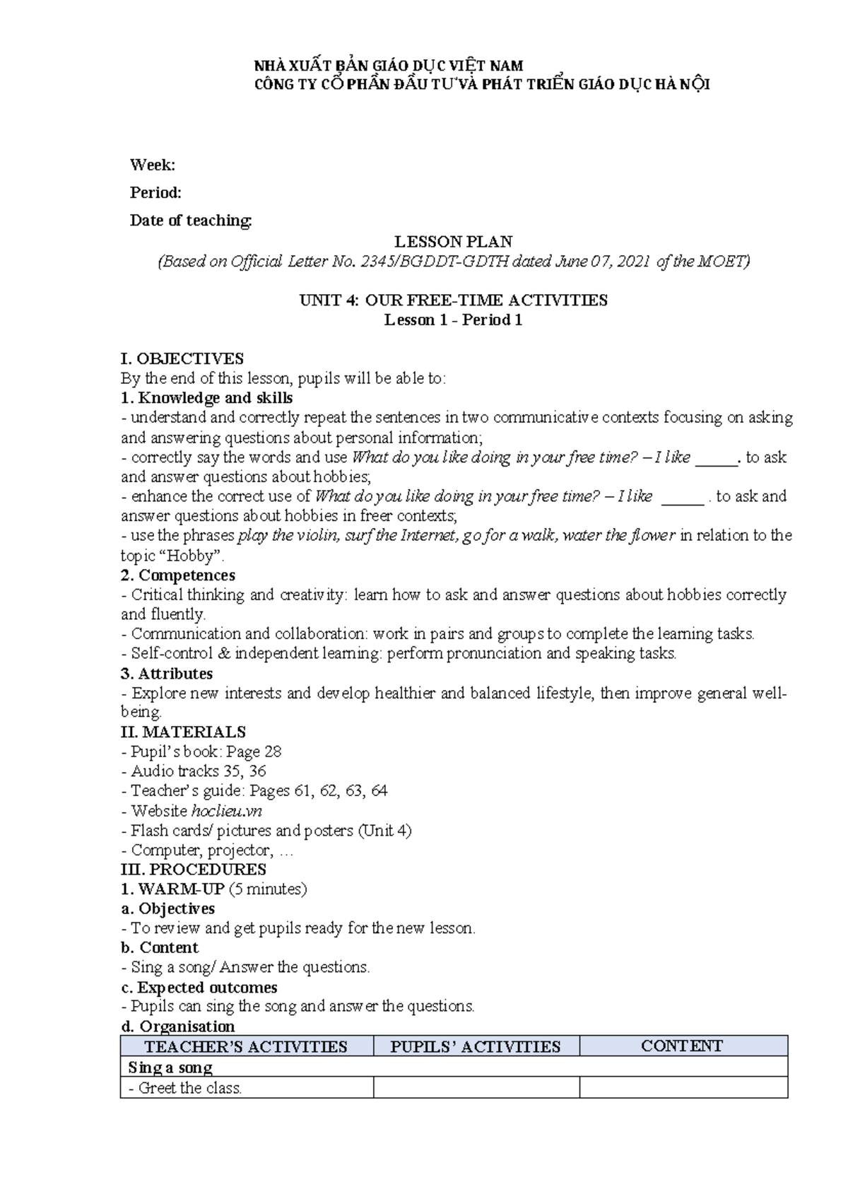 Lesson Plan for Unit 4: Our Activities (Based on MOET Guidelines) - Studocu