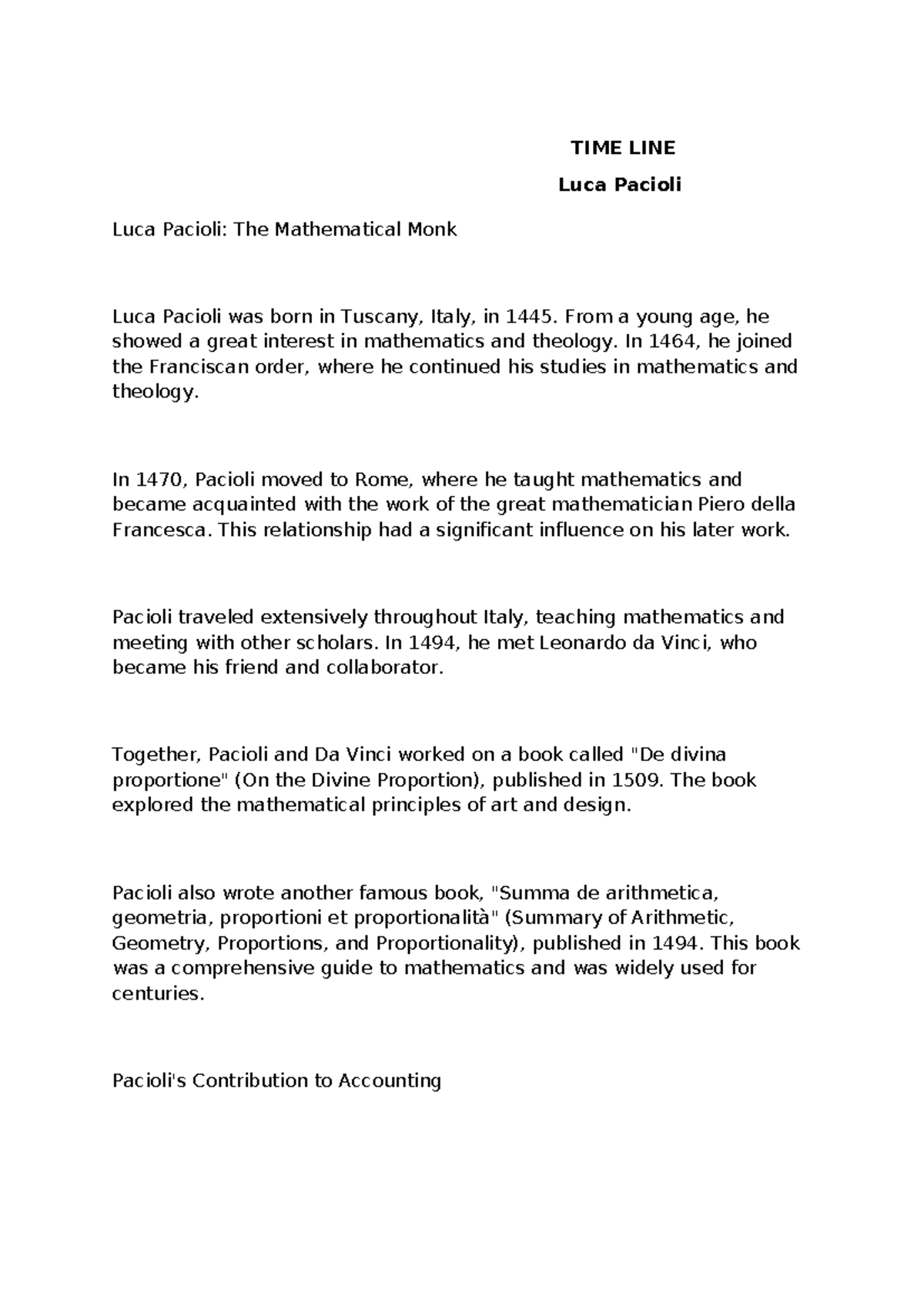 Luca Pacioli: Timeline of the Mathematical Monk's Life & Legacy - Studocu