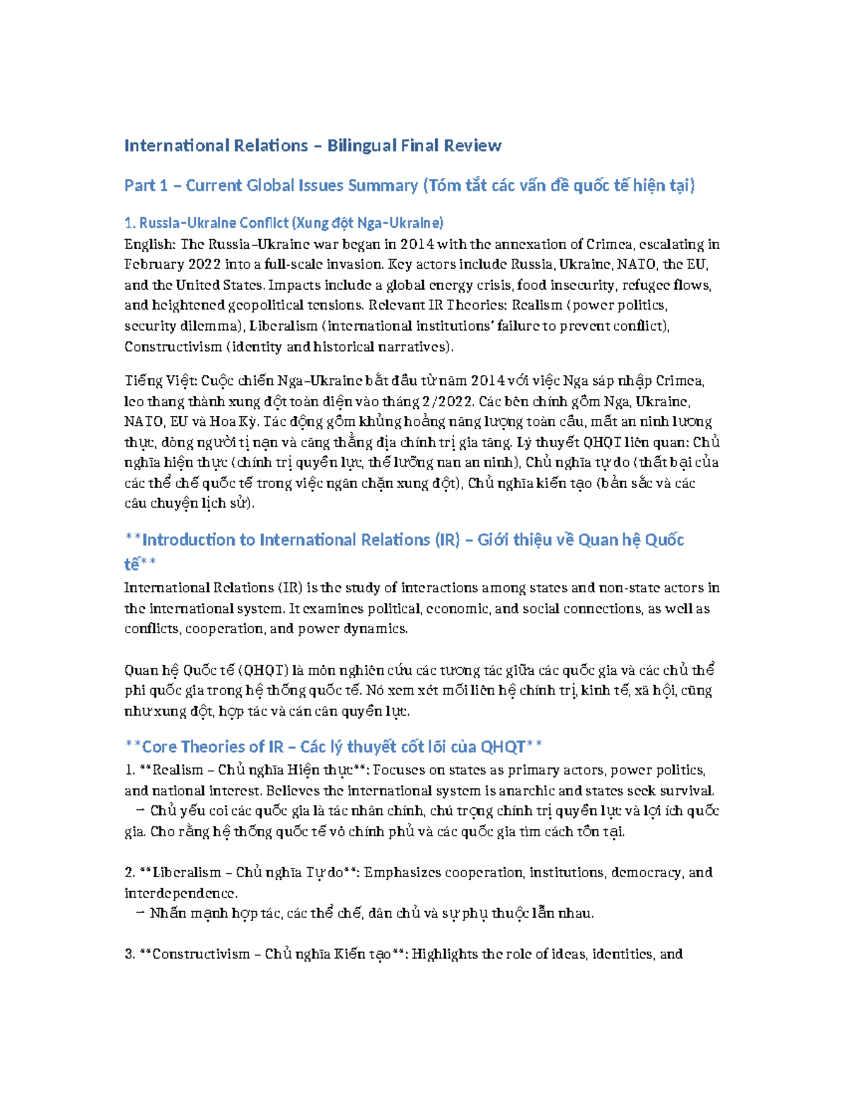 International Relations Bilingual Final Review Part 1: Current Global ...