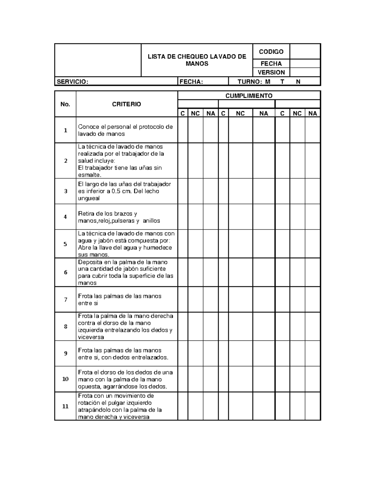 Lista DE Chequeo Lavado DE Manos - LISTA DE CHEQUEO LAVADO DE MANOS ...