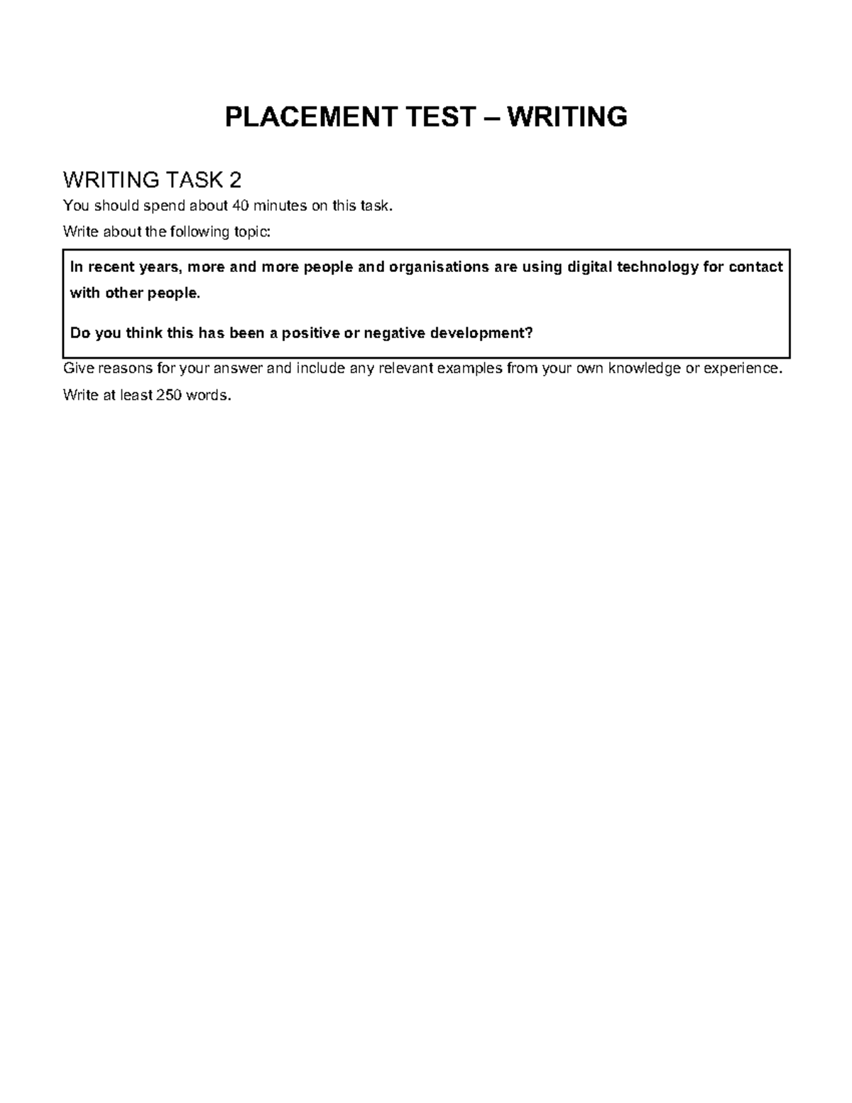 Writing Placement Test Ver1 - English - PLACEMENT TEST – WRITING ...