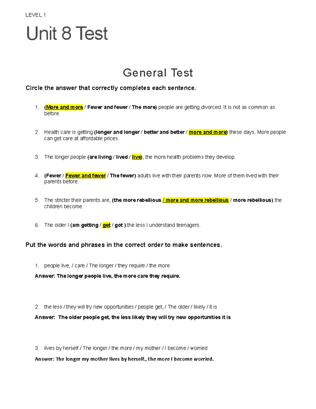Level 1 Unit 8 English Test: Understanding Demographics & Health Trends ...