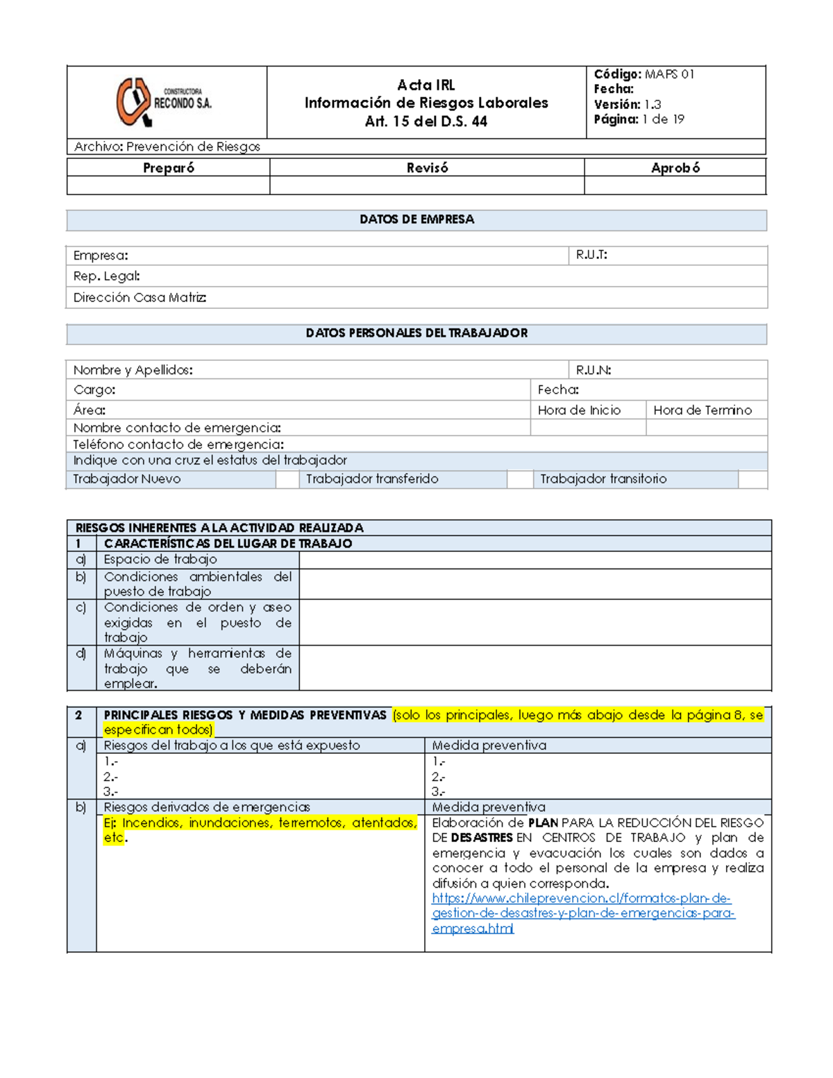 Formato IRL (ex ODI) - Información de Riesgos Laborales DS 44 V3 - Studocu