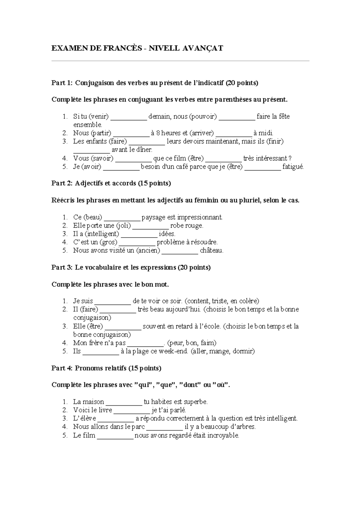 Examen de Français - Niveau Avancé (Advanced Level) - Studocu