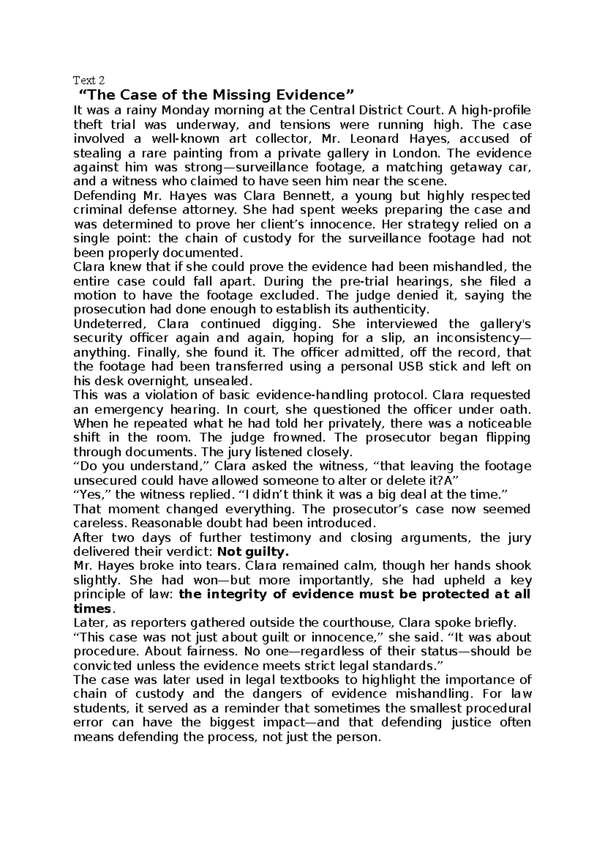 Text 2 - Case Study of Evidence Integrity in Theft Trial - Studocu