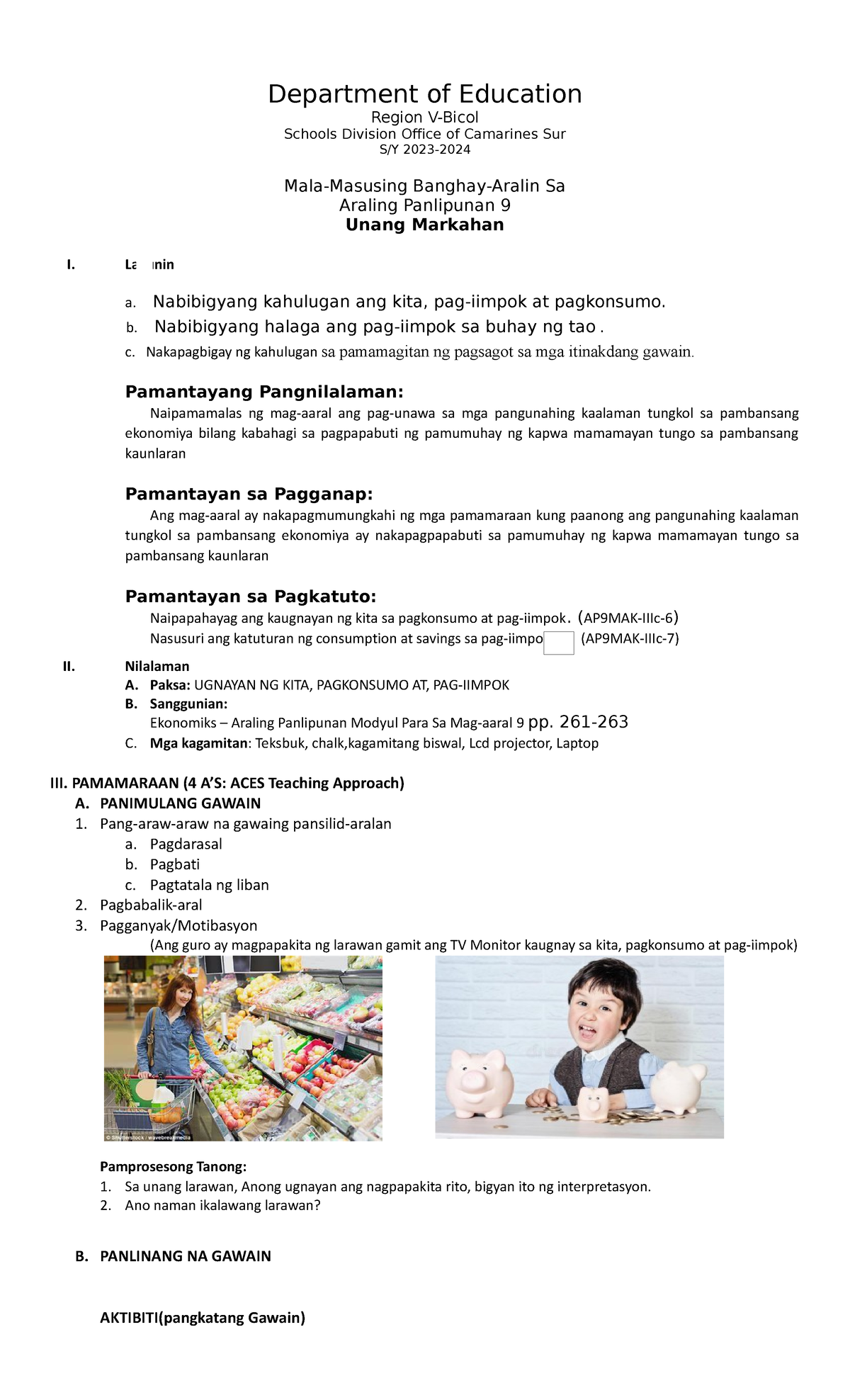 Pag-iimpok at Konsumo: Lesson Plan para sa AP9 S/Y 2023 - Studocu