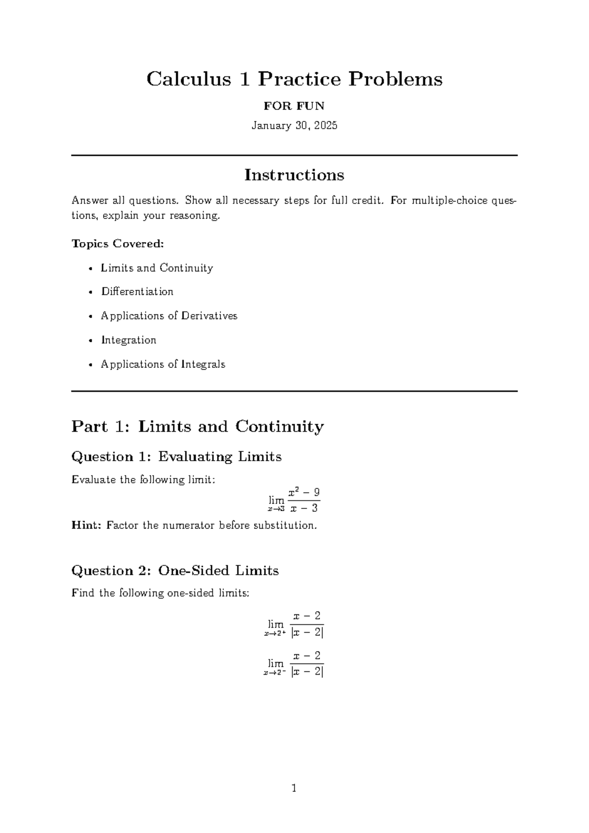 Calc1 questions - Calculus 1 Practice Problems FOR FUN January 30, 2025 ...