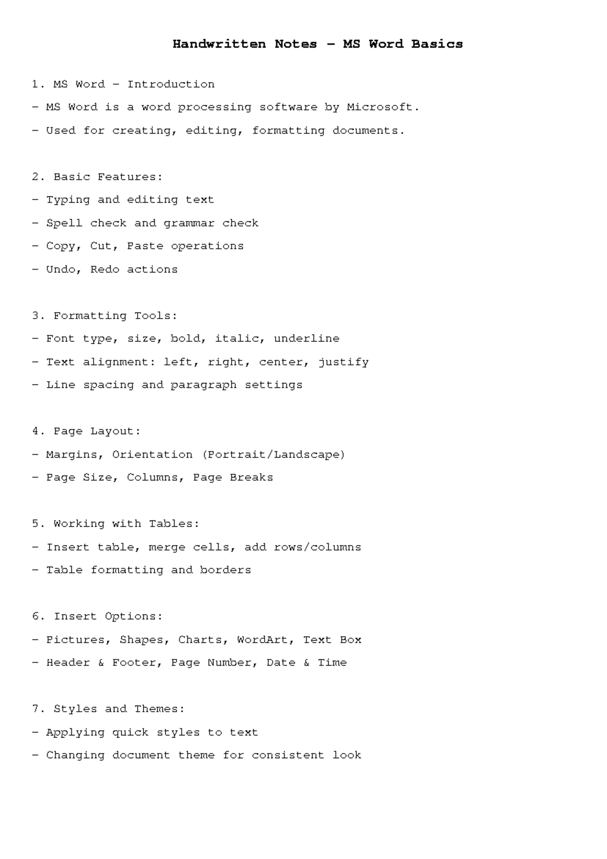 Handwritten Notes: MS Word Basics & Features Overview - Studocu