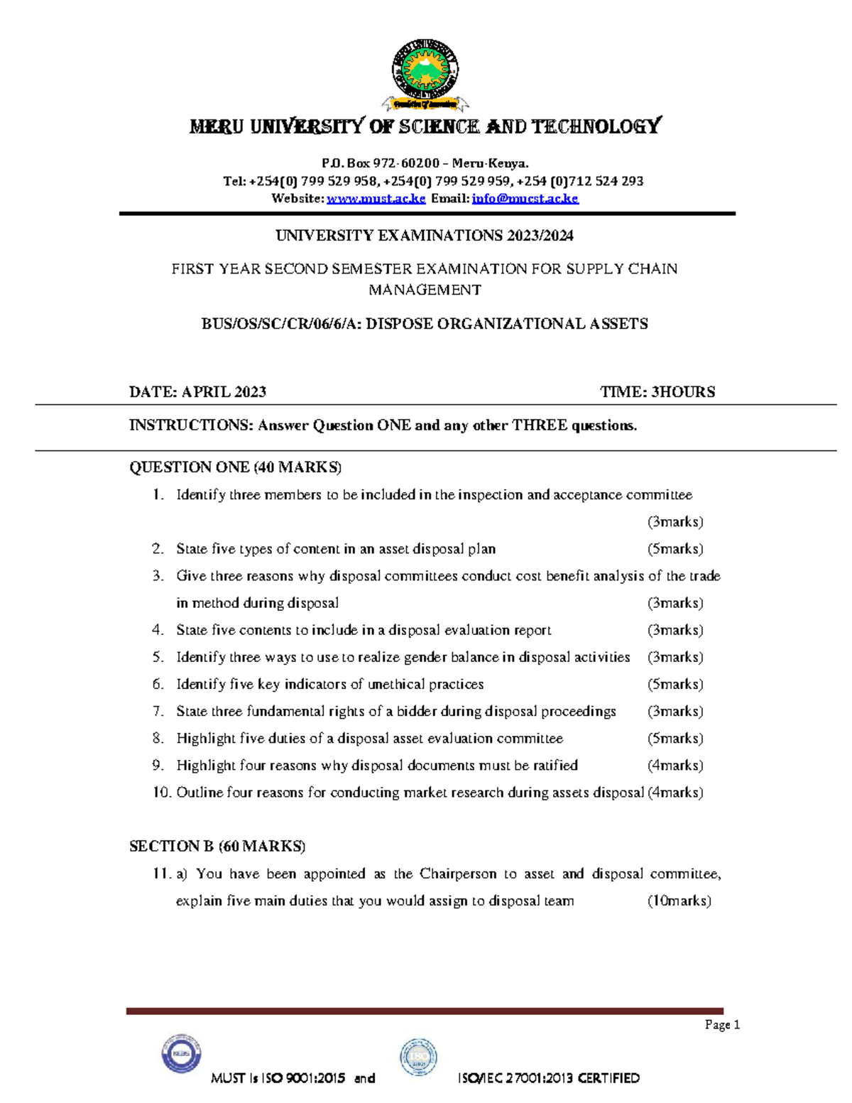 Busossccr 066A Final Exam: Disposal of Organizational Assets - Studocu