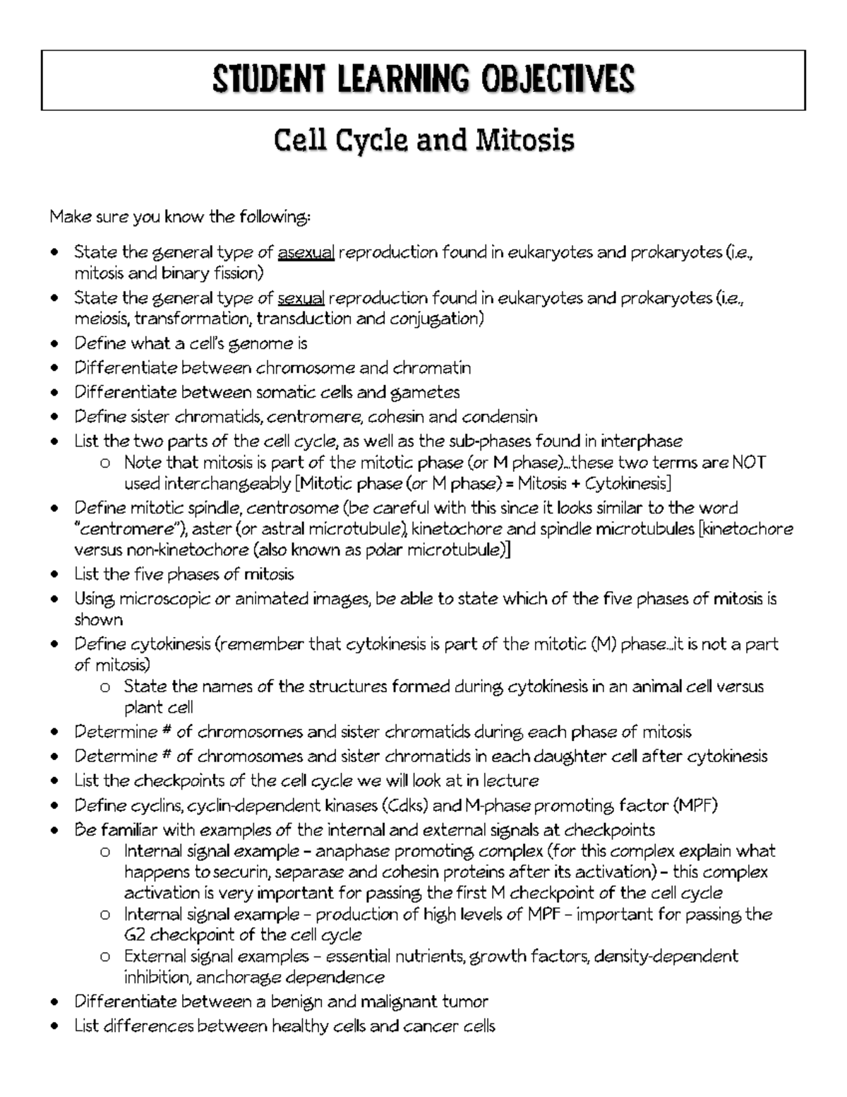 BISC 202 - Cell Cycle and Mitosis - Student Learning Objectives ...