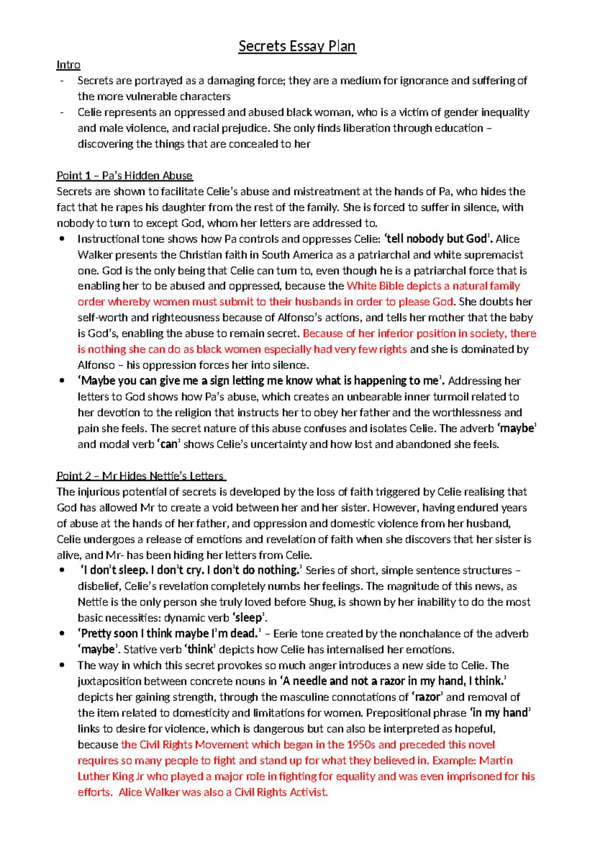 ENG 201: Secrets Essay Plan on "The Color Purple" Analysis - Studocu