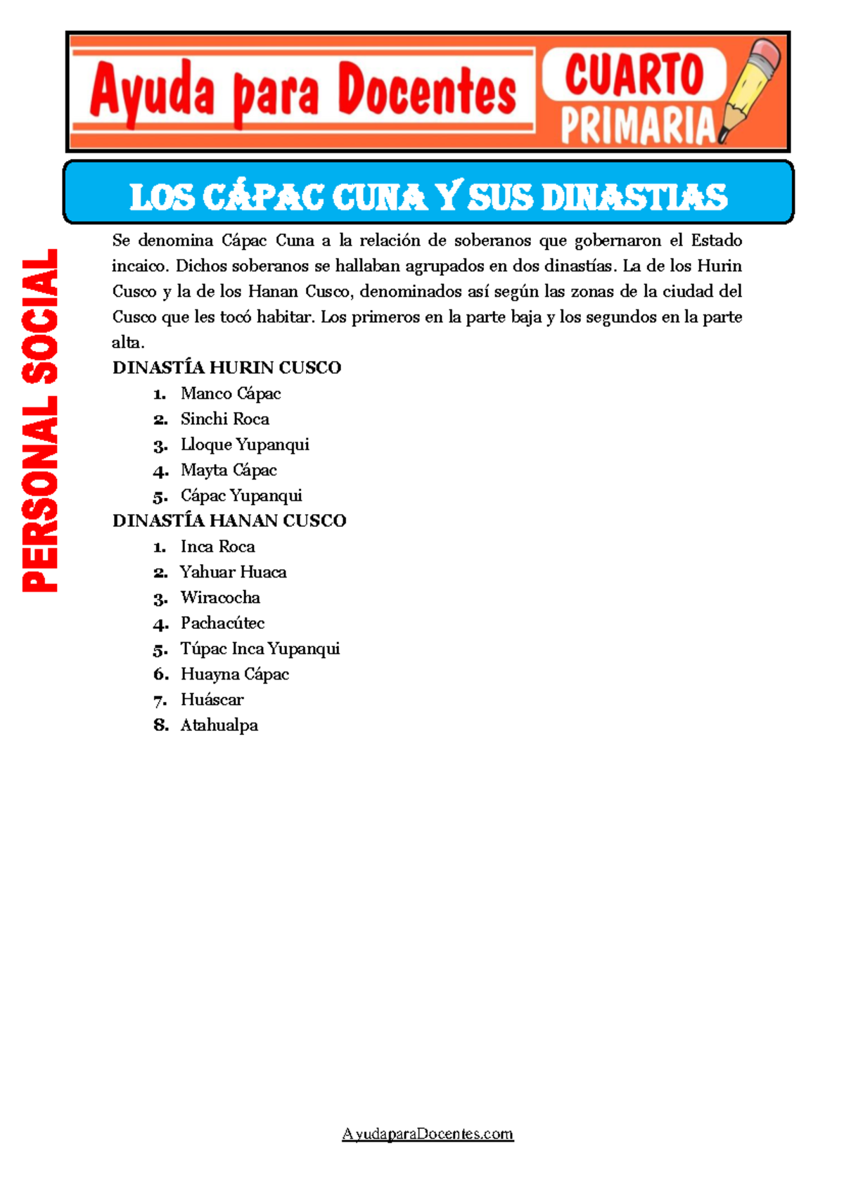 Cápac Cuna y sus Dinastías: Lección para Cuarto de Primaria - Studocu