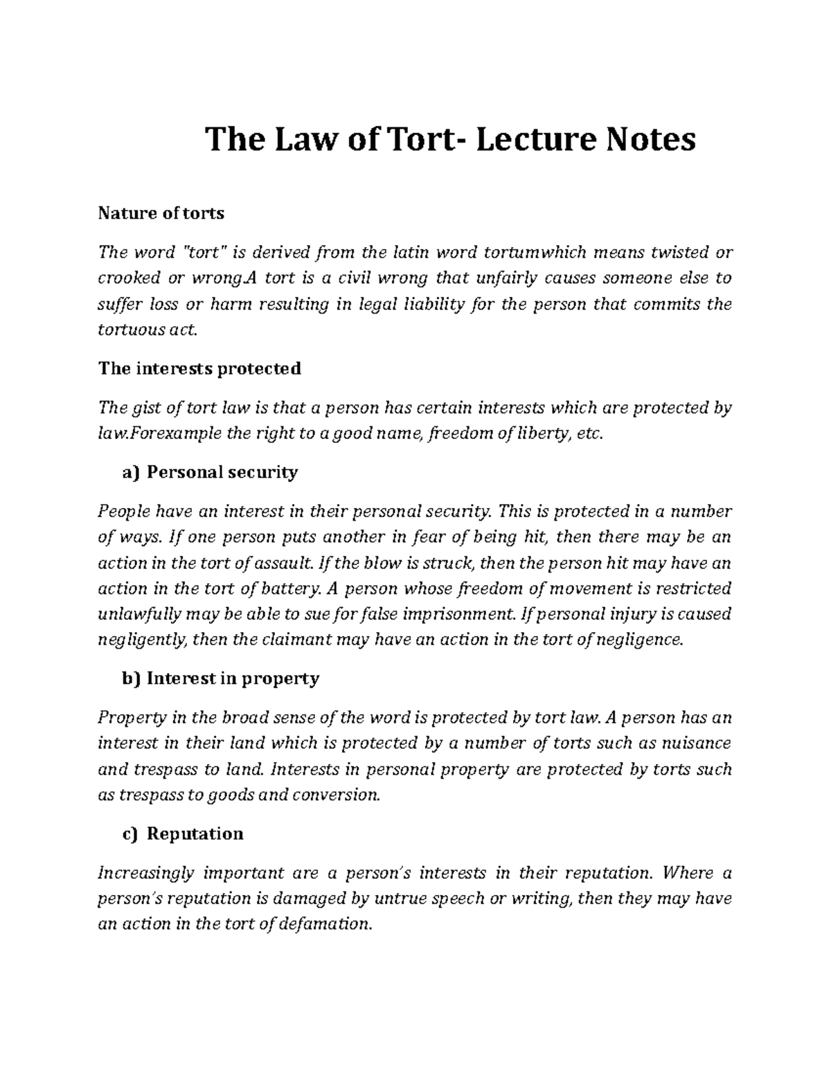 Law of Torts - Lecture Notes Overview and Key Concepts - Studocu