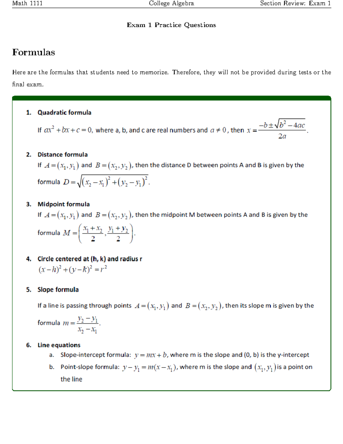 Math 1111 College Algebra Exam 1 Review: Key Formulas & Practice Questions - Studocu