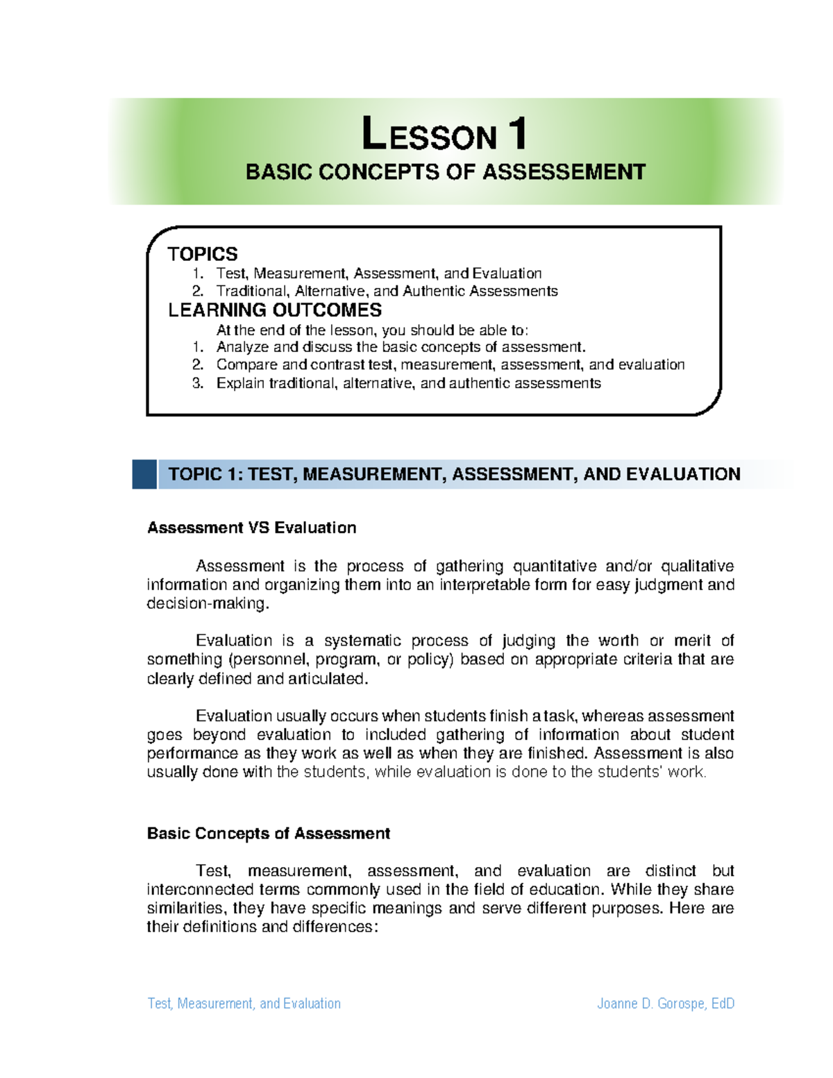 Lesson 1: Basic Concepts of Assessment and Evaluation - Studocu
