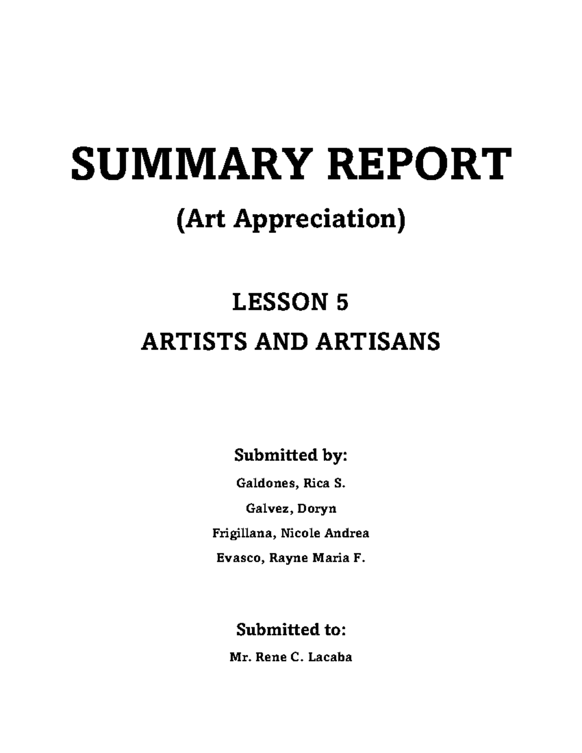 Group 5 ART APP - Summary Report on Artists and Artisans in Art ...