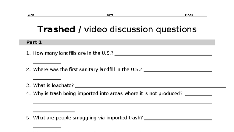 Trashed Video Discussion Questions - Part 1 to 4 - Studocu
