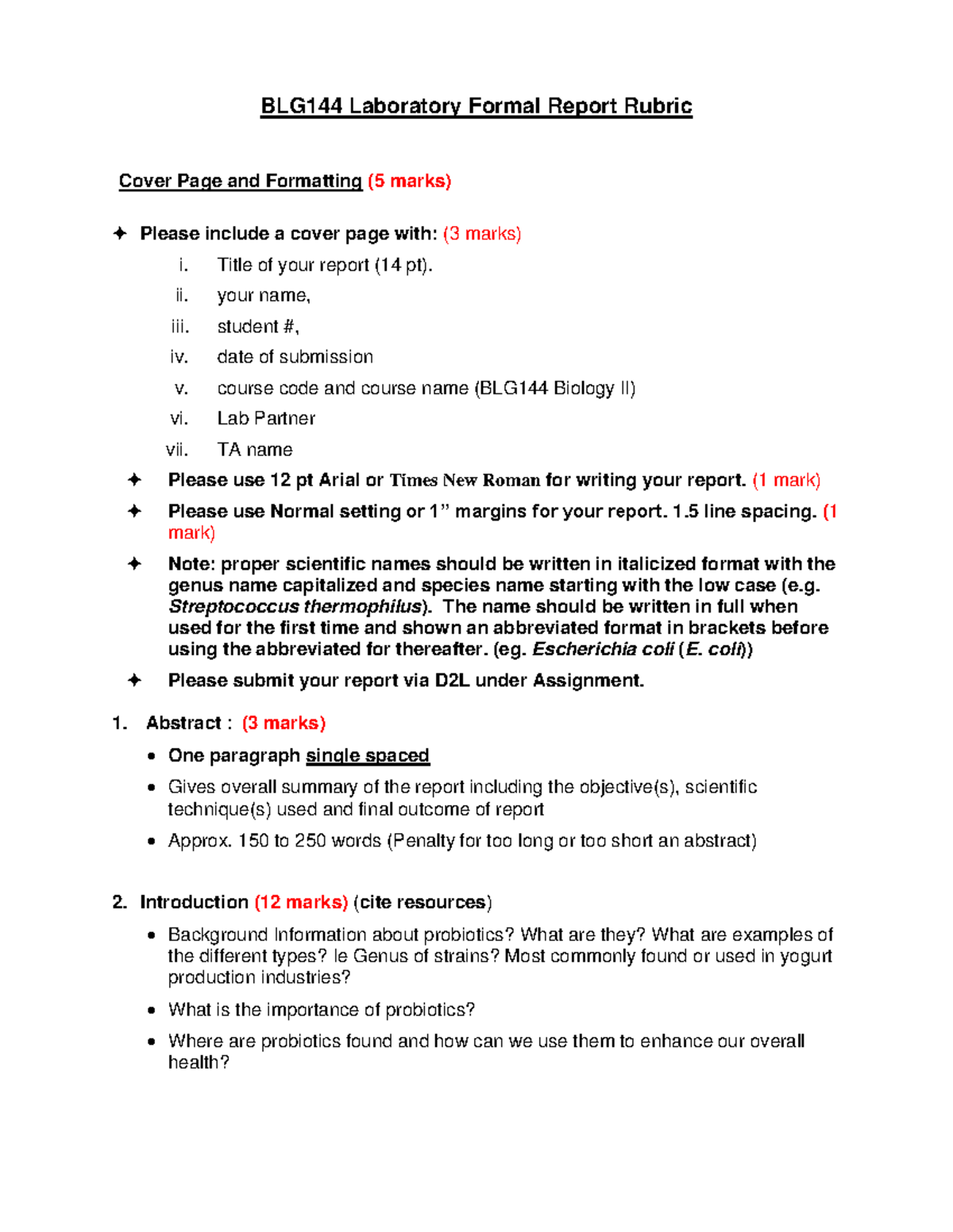 CBLG144 Lab Formal Rubric - BLG1 44 Laboratory Formal Report Rubric ...