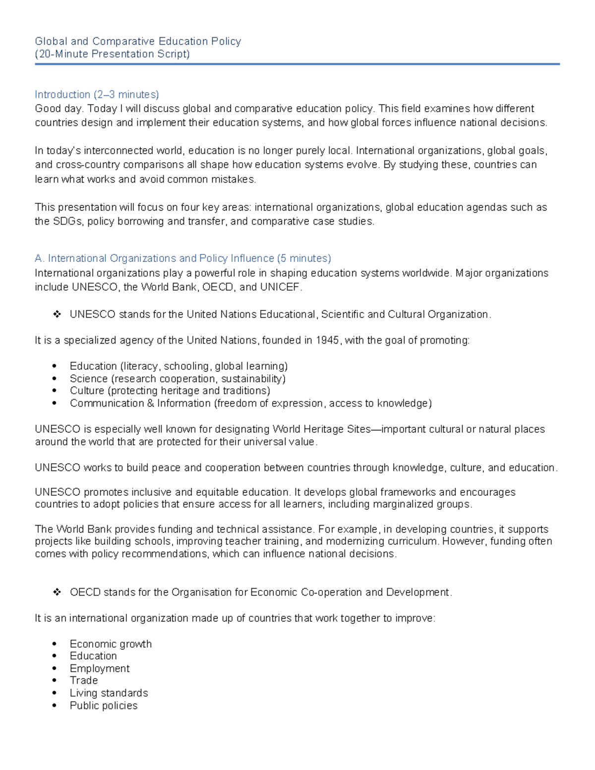 EDU 101: Global & Comparative Education Policy Presentation Script ...