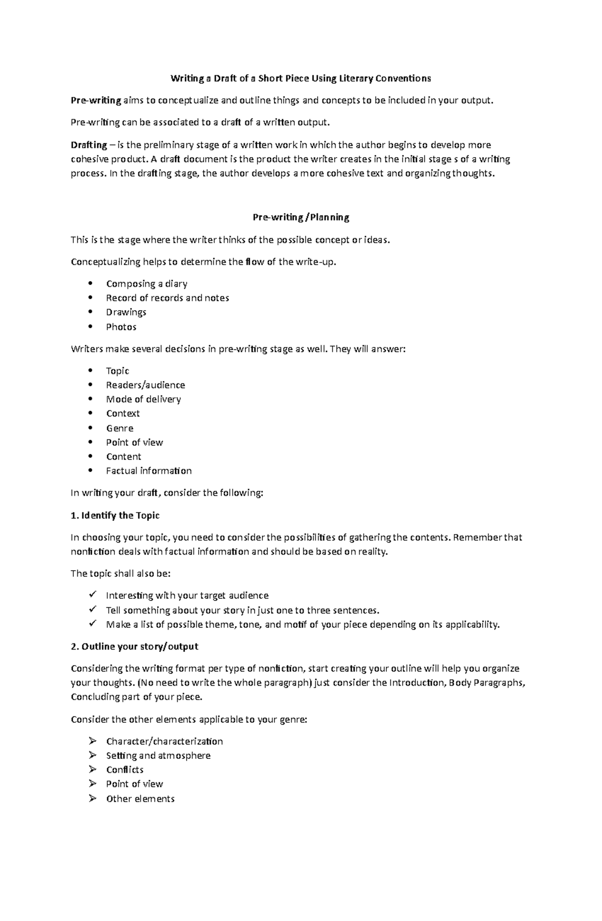 Writing a Draft of a Short Piece Using Literary Conventions - Pre ...