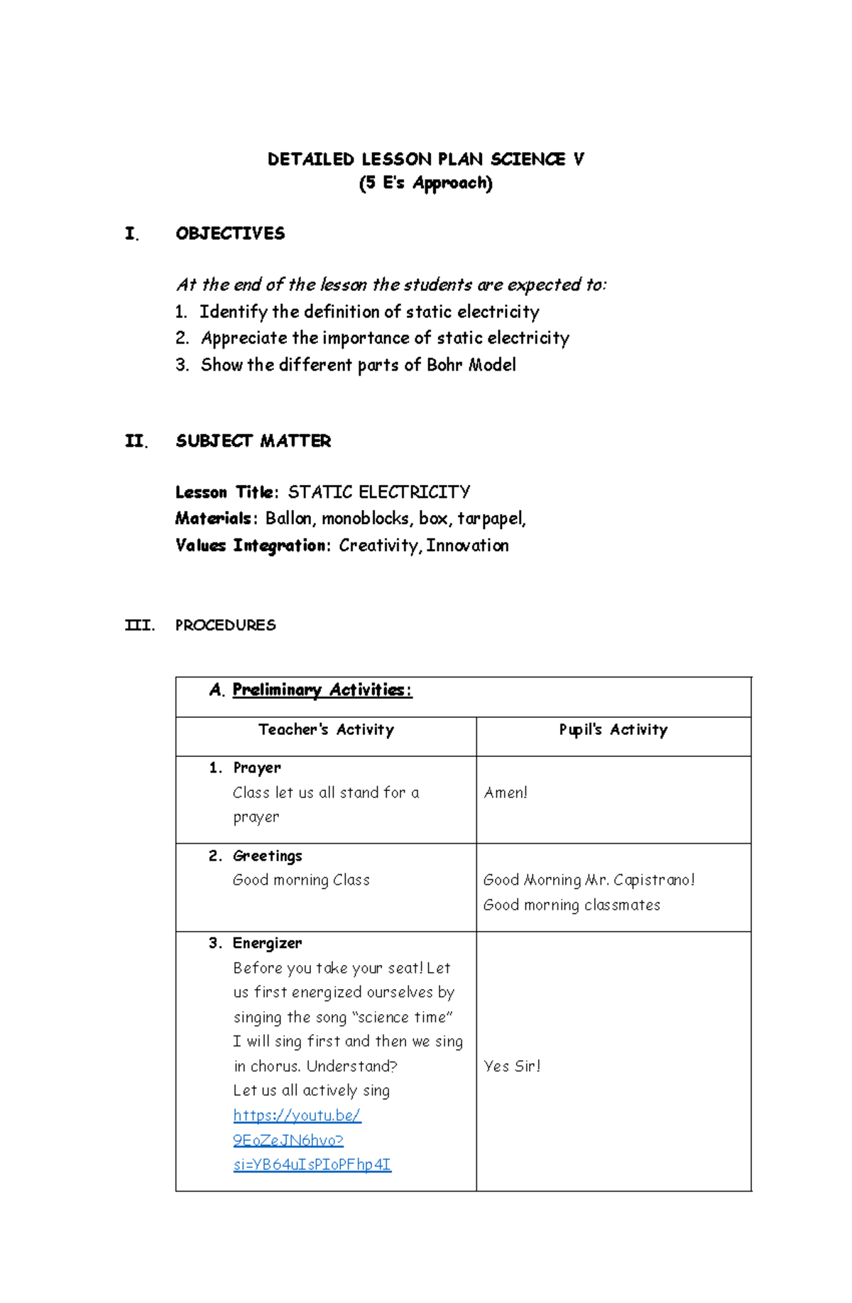 DETAILED LESSON PLAN: STATIC ELECTRICITY (SCIENCE V) - Studocu