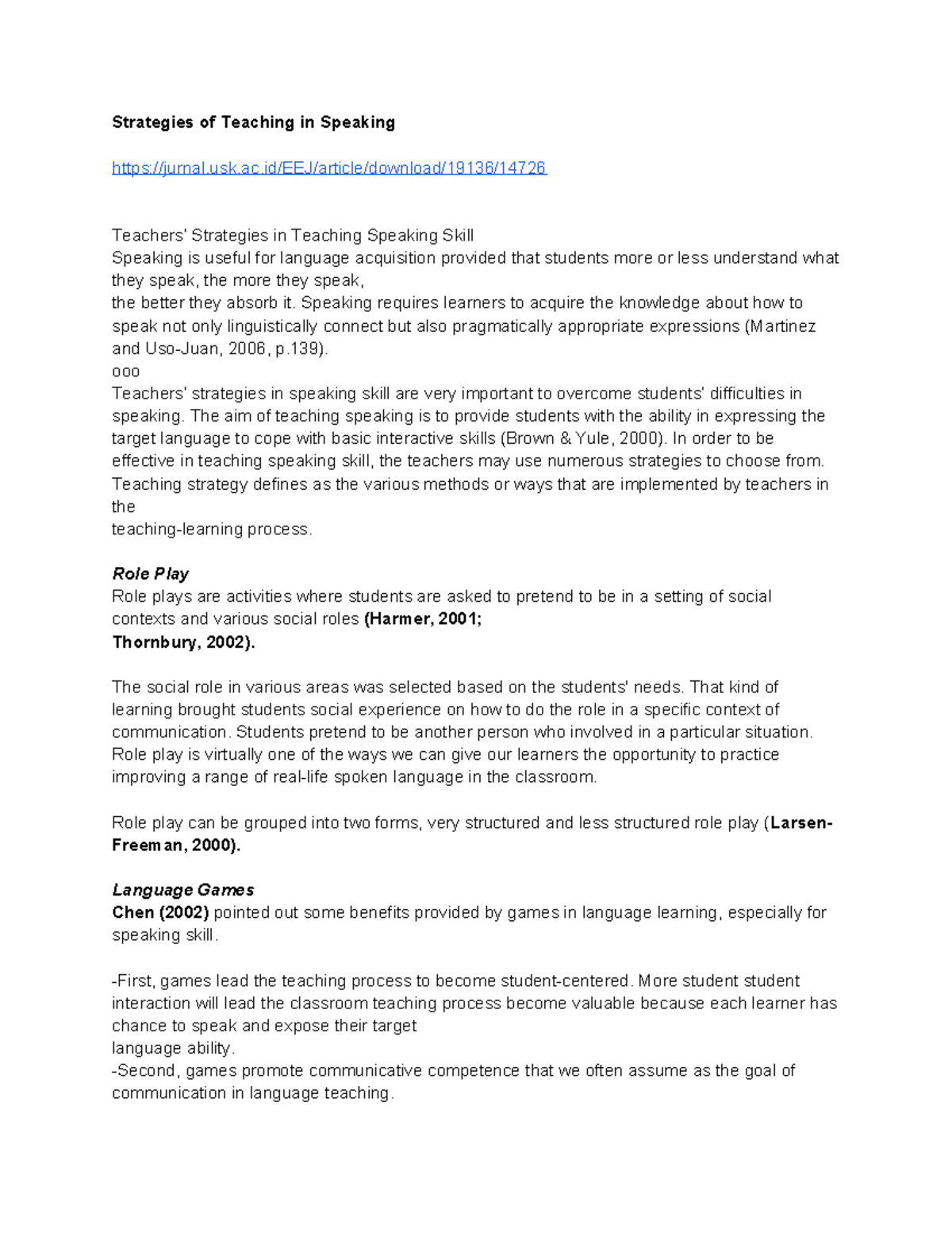 Teaching Strategies for Speaking Skills in Language Acquisition - Studocu