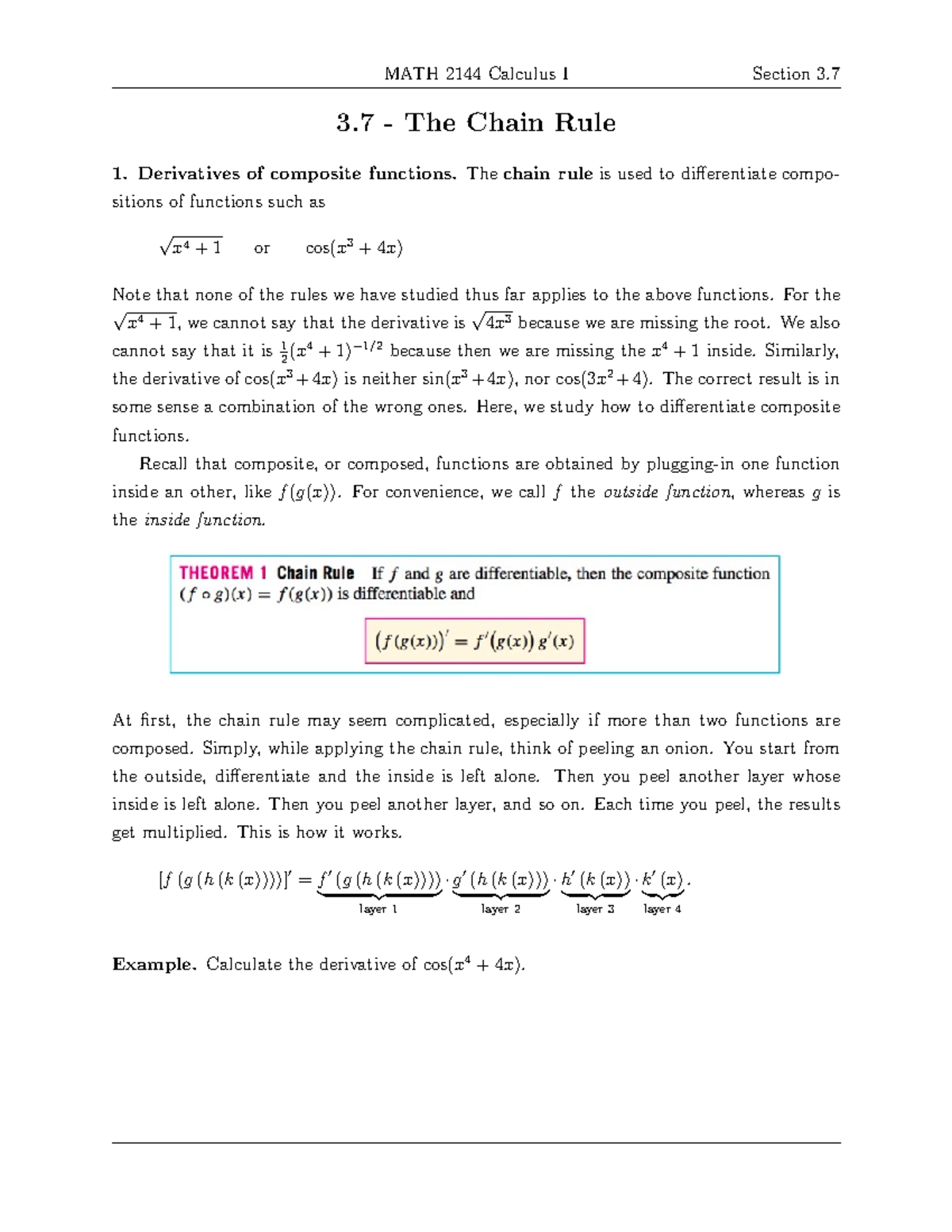 MATH 2144 Calculus I: Section 3.7 Chain Rule & Composite Functions ...